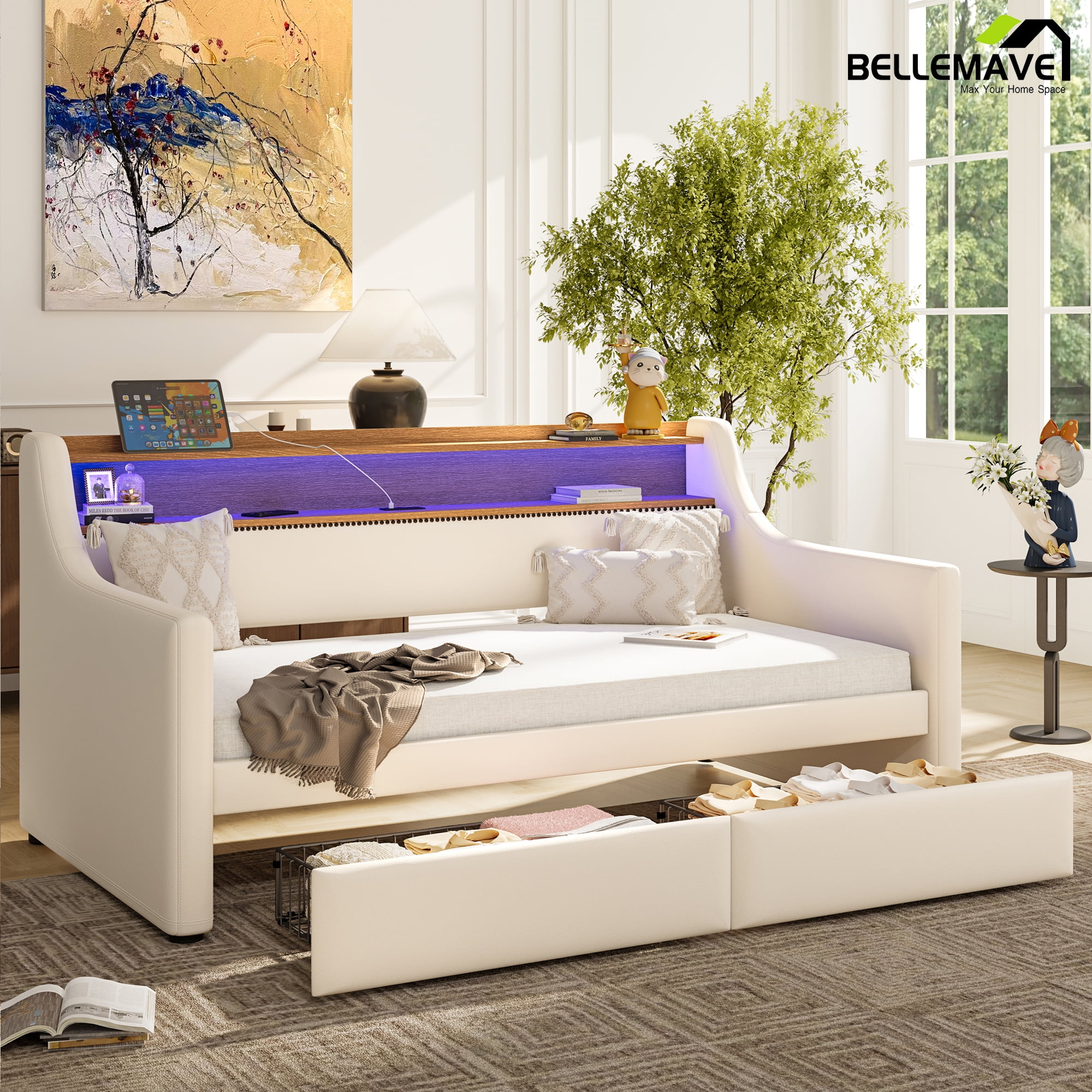 Bellemave Twin Size PU Leather Daybed with Storage, LED Lights ...