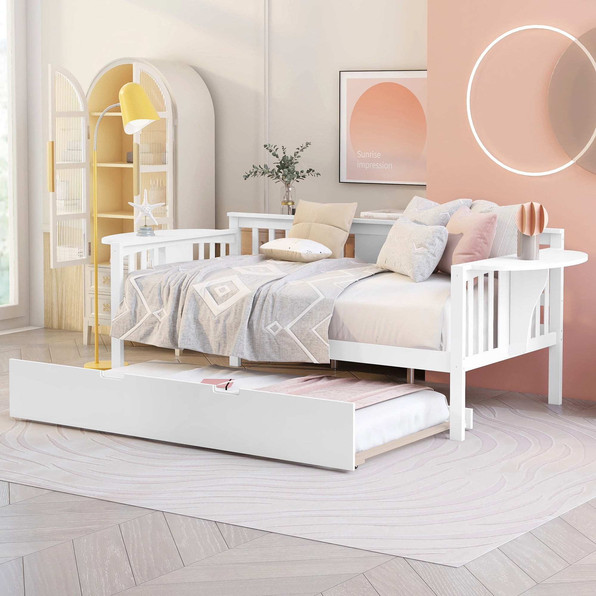 Bellemave Twin Size Daybed with Trundle and Foldable Side Shelves, Wood ...