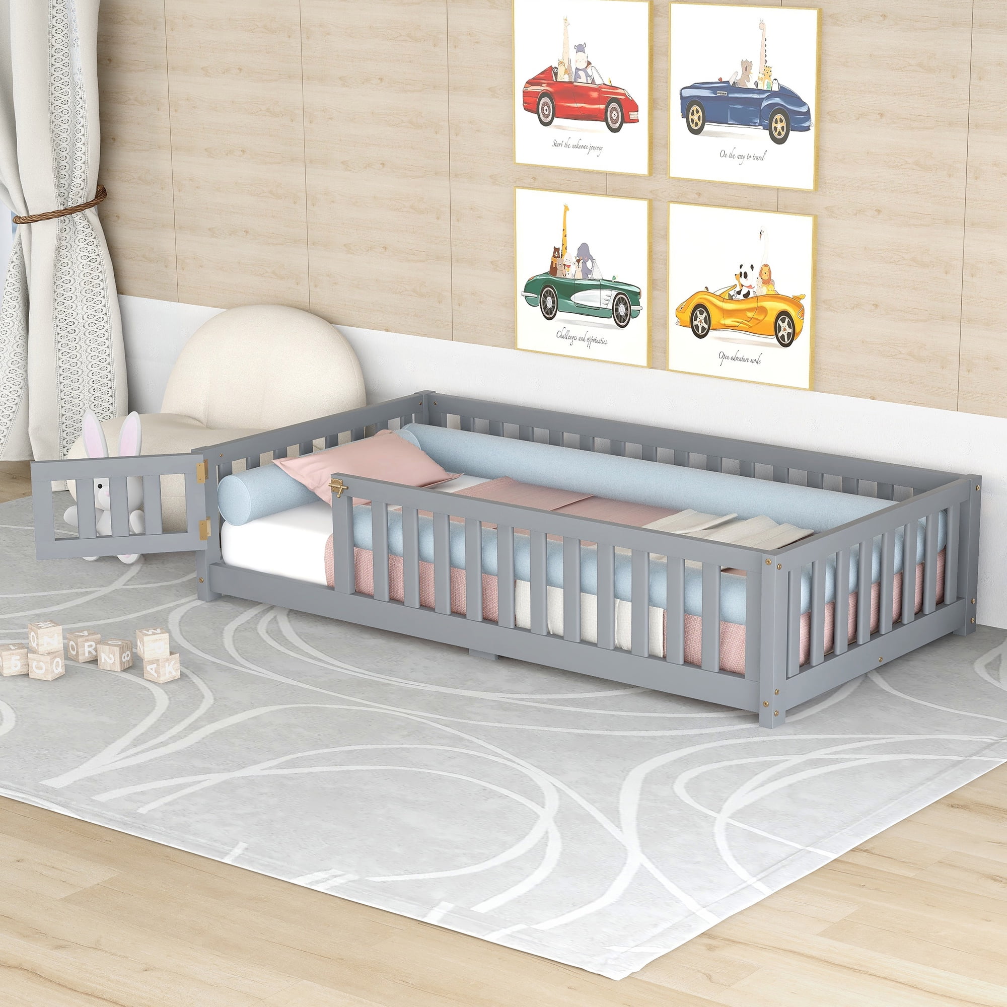 Bellemave Twin Size Floor Bed Frame with Fence-Guardrails & Lookable ...