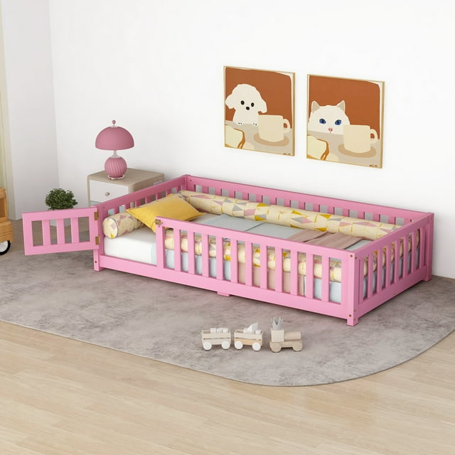 Bellemave Kids Twin Size LVL Rubber Wood Floor Bed, Pink - Walmart.com