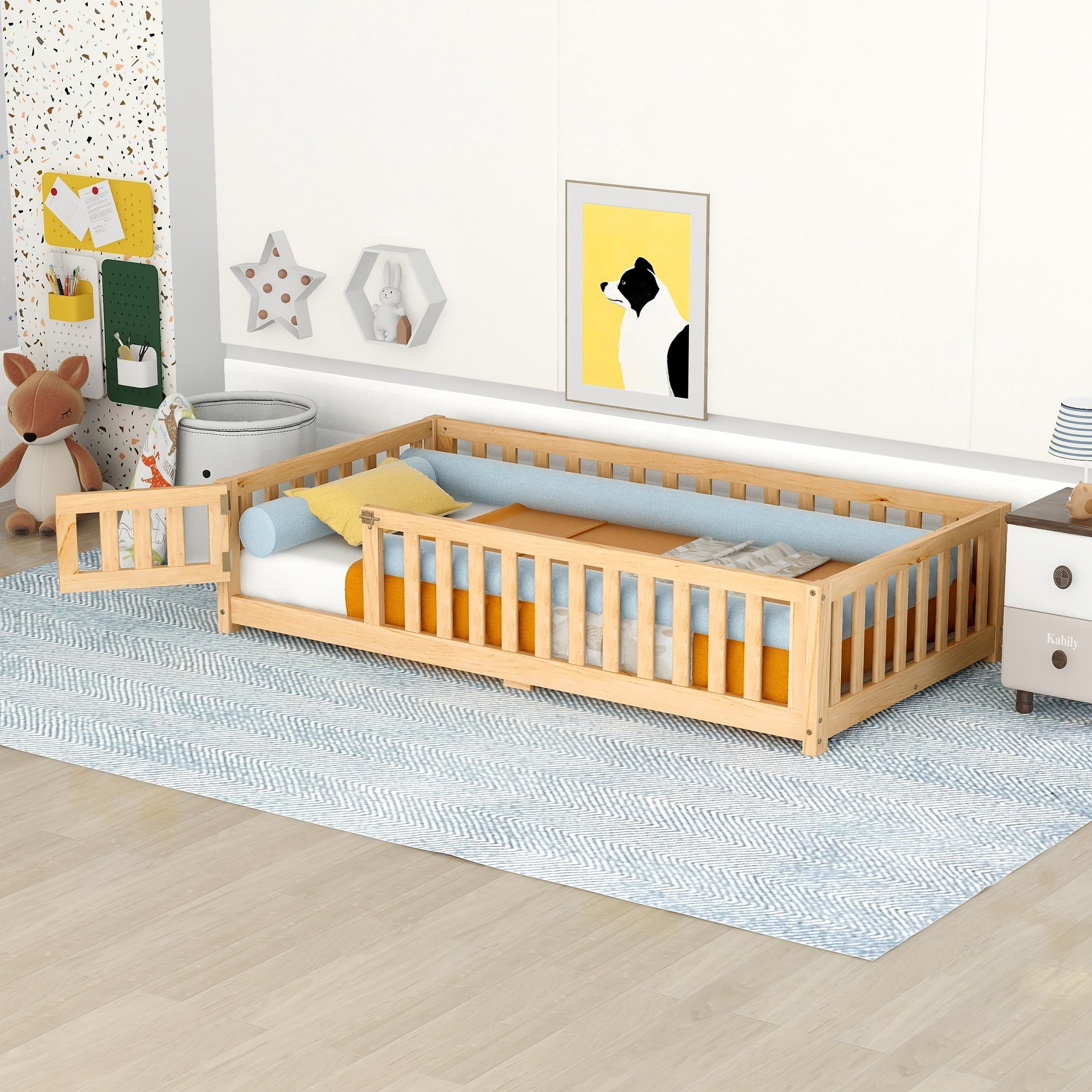 Bellemave Twin Size Floor Bed Frame with Fence-Guardrails & Lookable ...