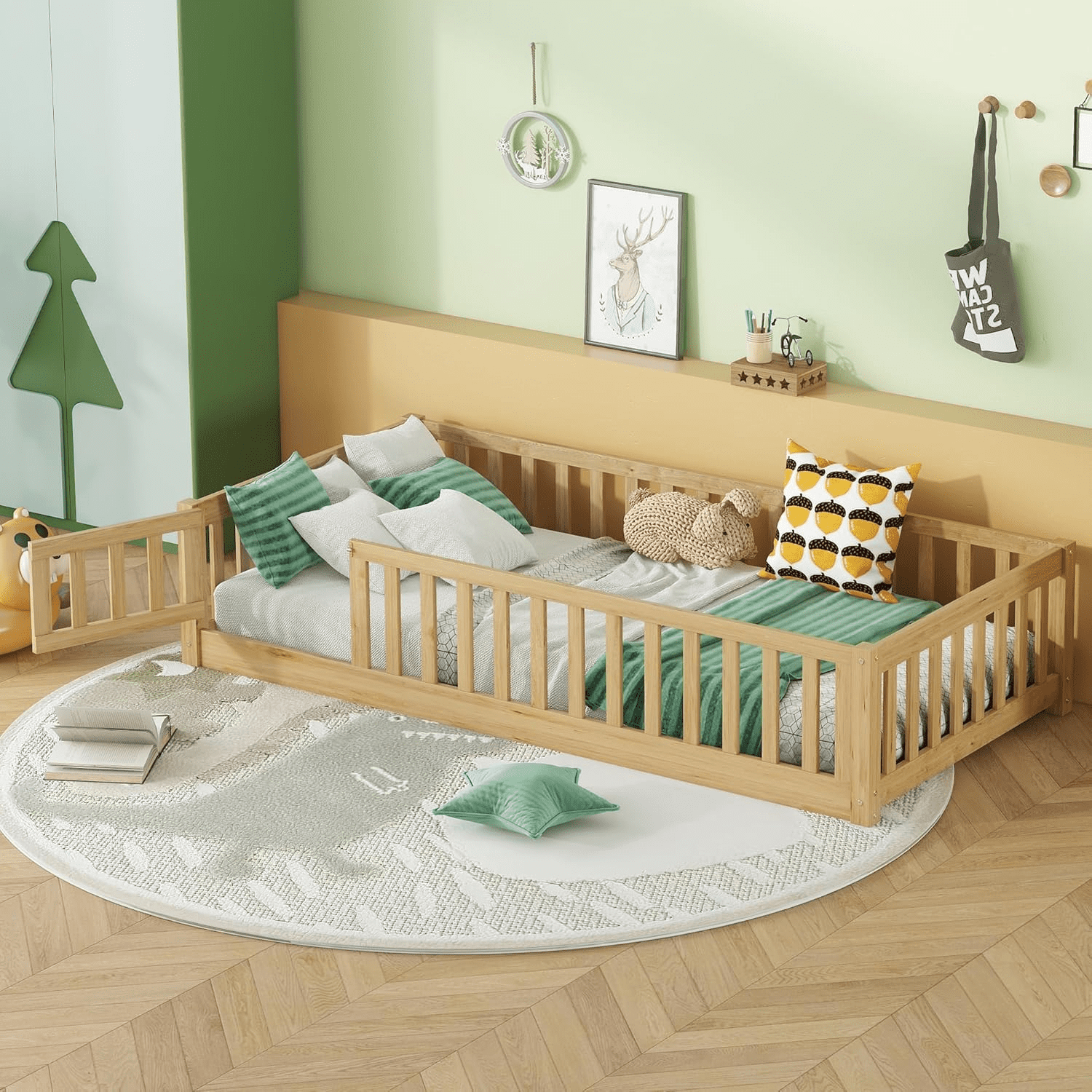 Bellemave Twin Size Floor Bed Frame with Fence-Guardrails & Lookable ...