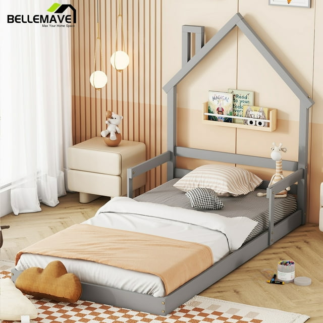 Bellemave Twin Size Floor Bed with House-shaped Headboard and Handrails ...