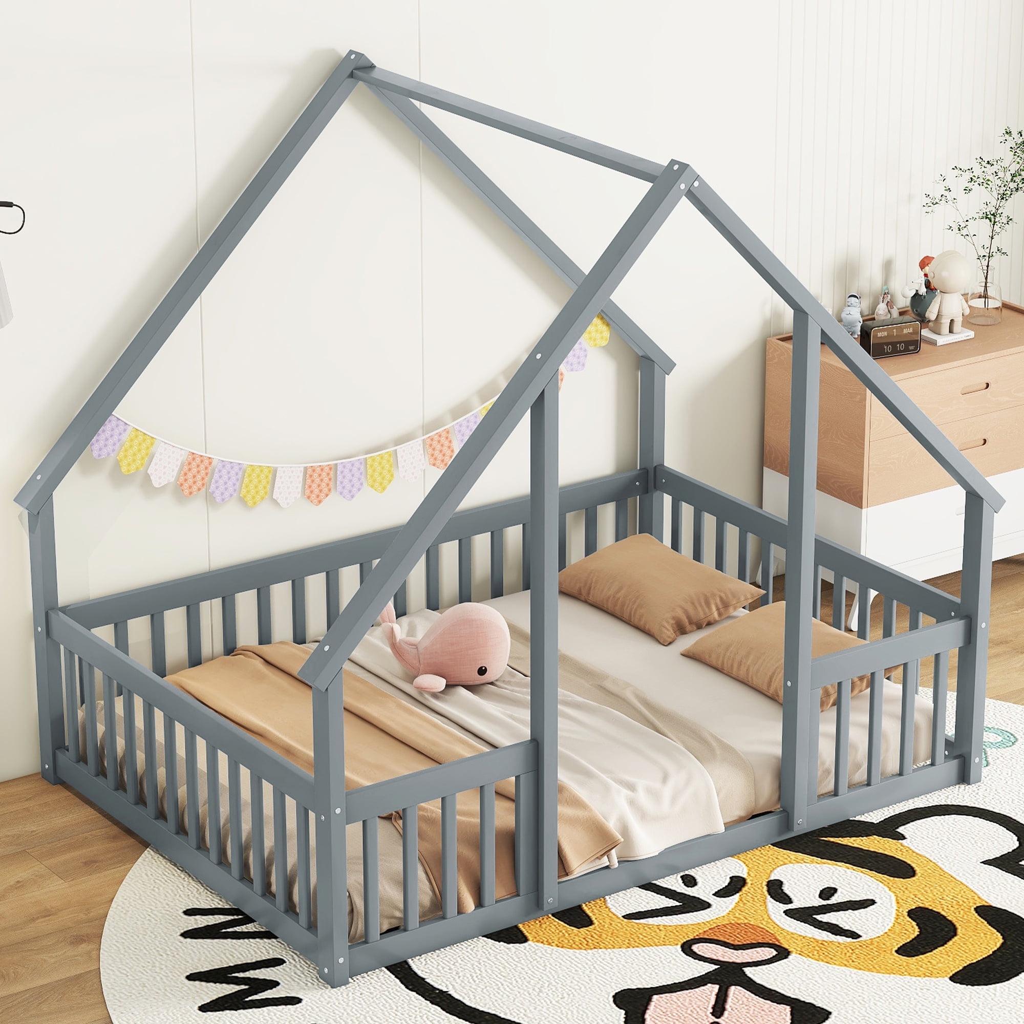 Bellemave Full Size Floor Bed for Kids, Wooden House Bed Full Size with ...