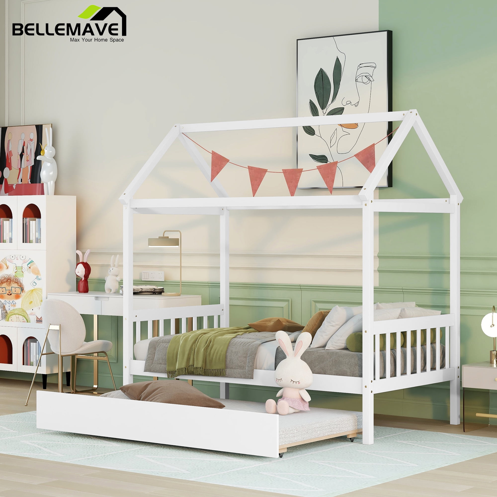 Bellemave Twin Size House Bed with Trundle Kids Wooden House Platform ...
