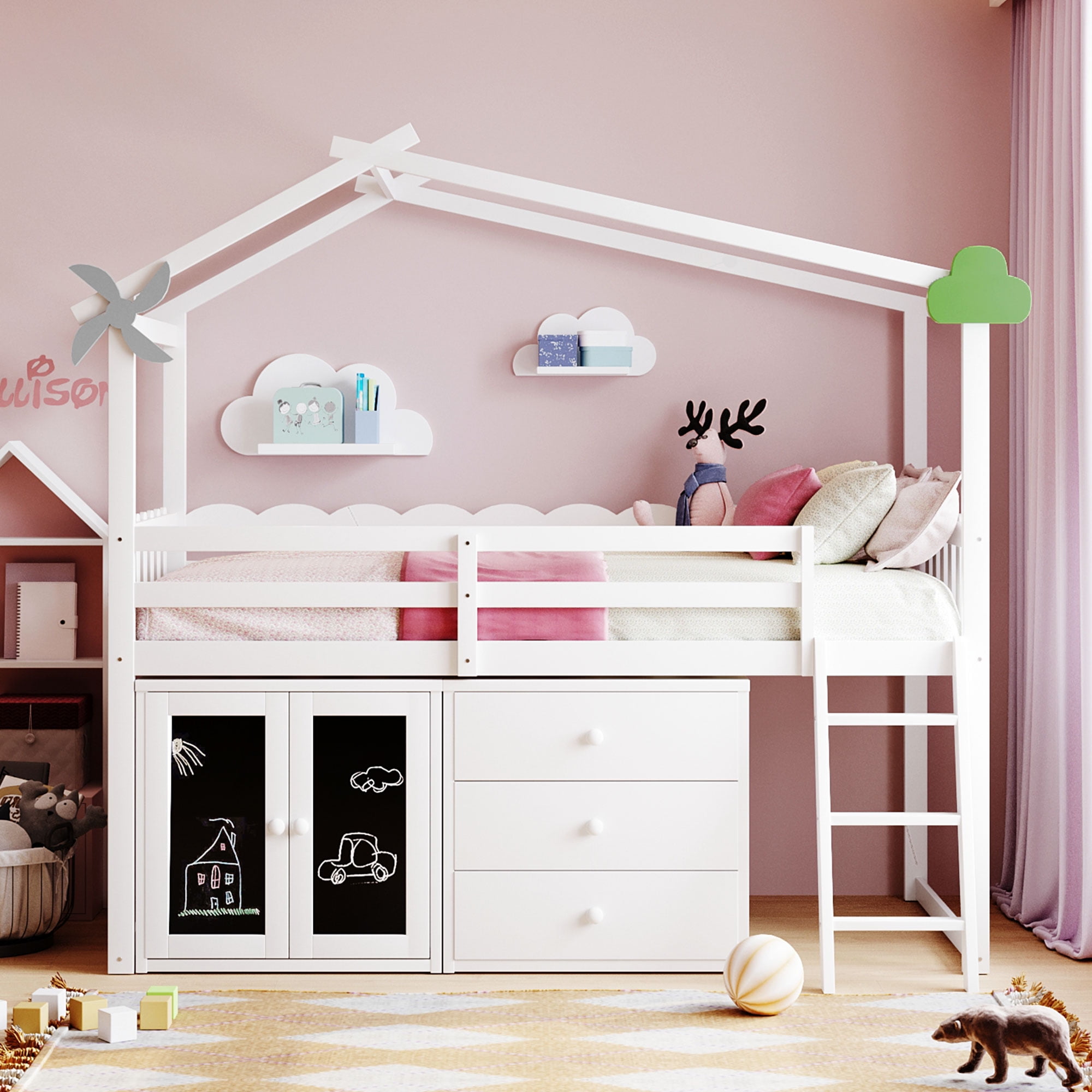 Bellemave Twin Size House Bed with Roof and Blackboard for Kids ...