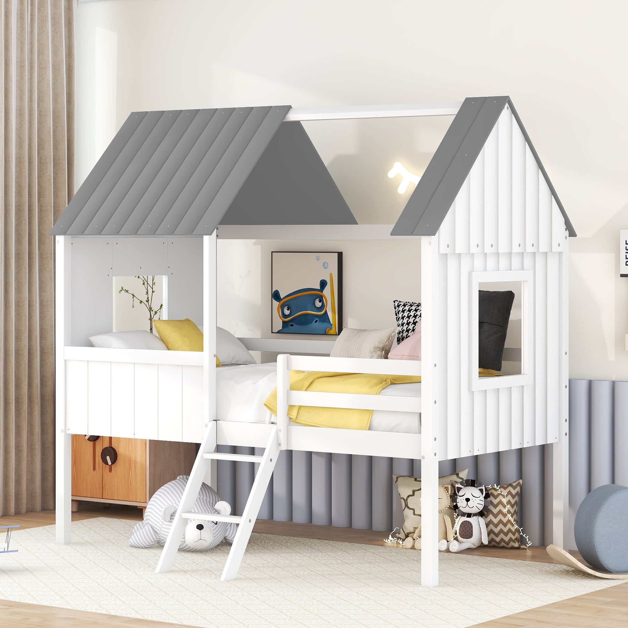 Bellemave Twin Size Kids House Beds, Wood Low Loft Frames for All Ages ...