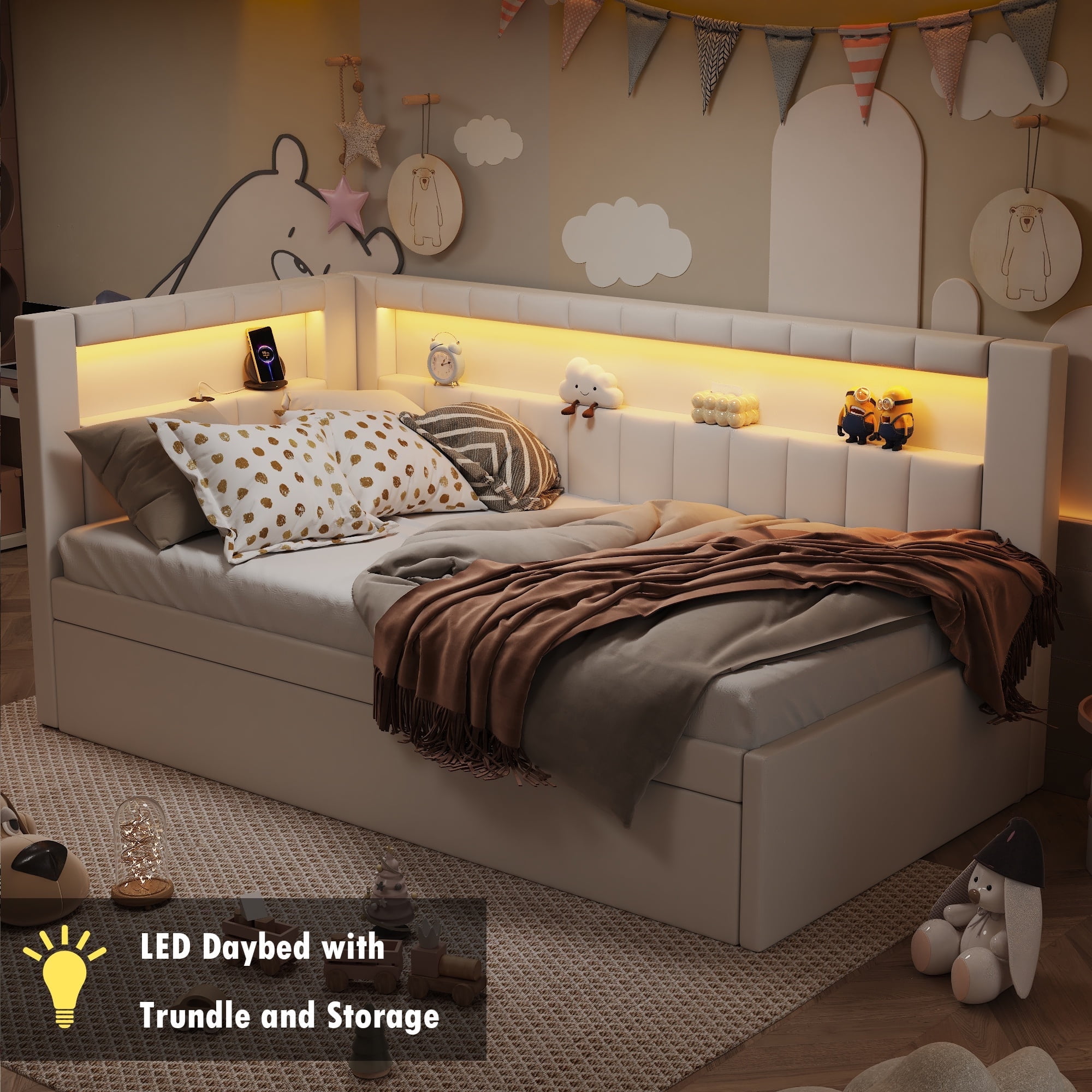 Bellemave Twin Size LED Daybed with Trundle Linen Upholstered Daybed ...