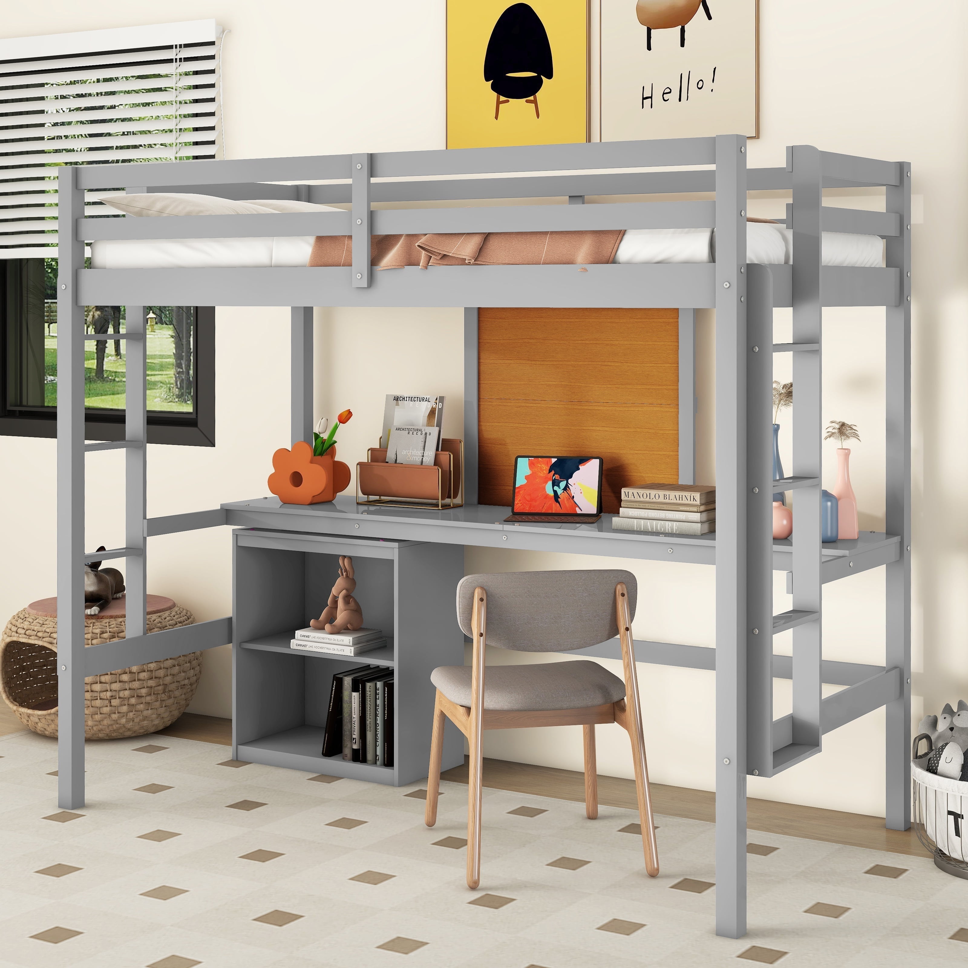 Bellemave Twin Loft Bed with Desk, Writing Board, 2 Drawers, Safety ...