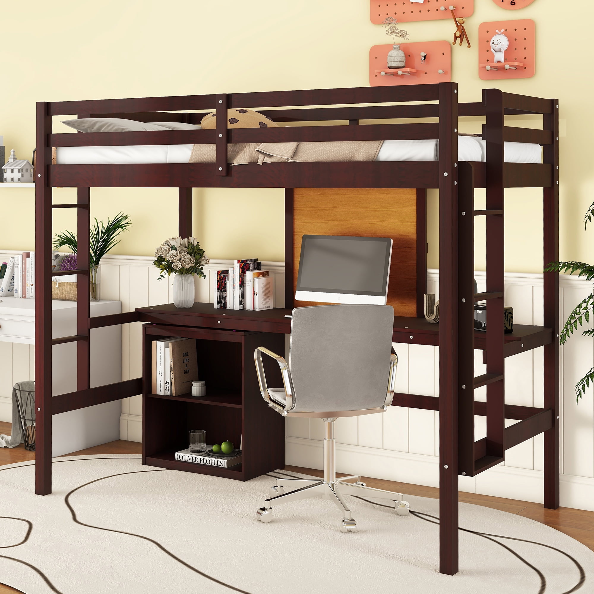 Bellemave Twin Loft Bed with Desk, Writing Board, 2 Drawers, Safety ...