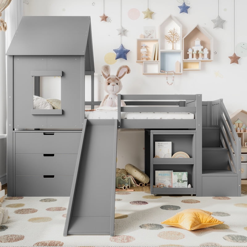 Bellemave Twin Size Loft Bed with Slide and Ladder, Solid Wood House ...