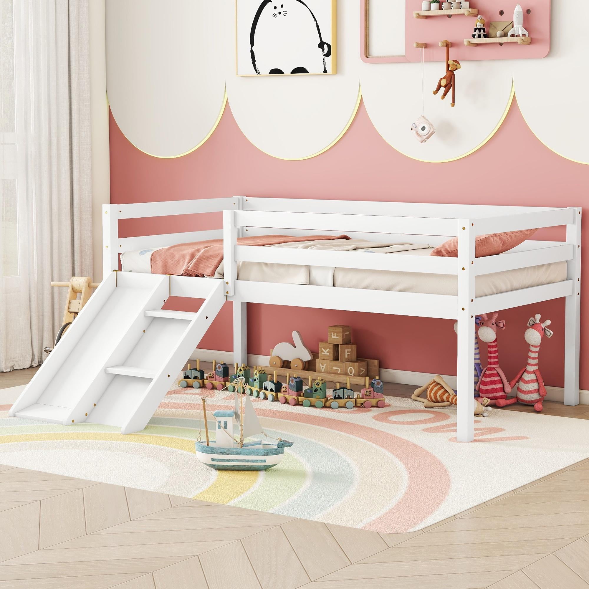 Bellemave Twin Size Low Loft Bed Frame with Slide and Ladder Kids Bed ...