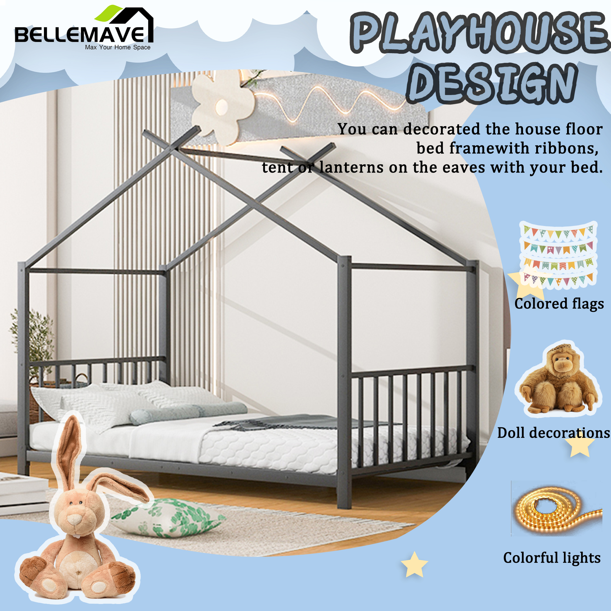 Bellemave Twin Size Matal Platform House Bed with Headboard and ...