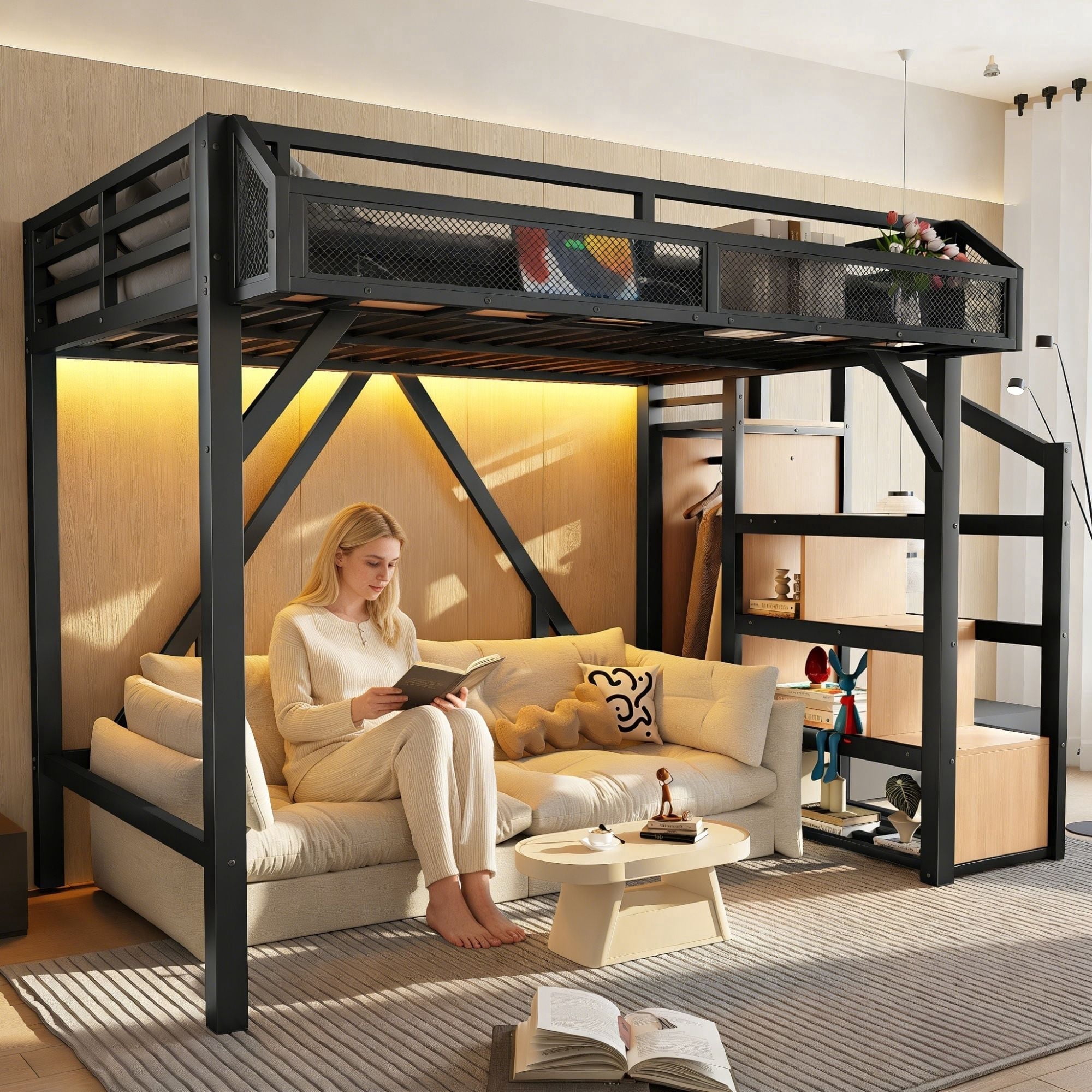 Bellemave Twin Size Metal Loft Bed Frame with Storage Stairs, Wardrobe ...