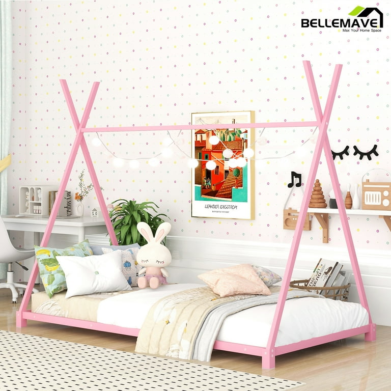 Bellemave Twin Size Montessori Floor Bed Metal Tent Bed Frame with Triangle Structure and Slat Support Kids House Bed Teepee Bed Frame for Boys Girls
