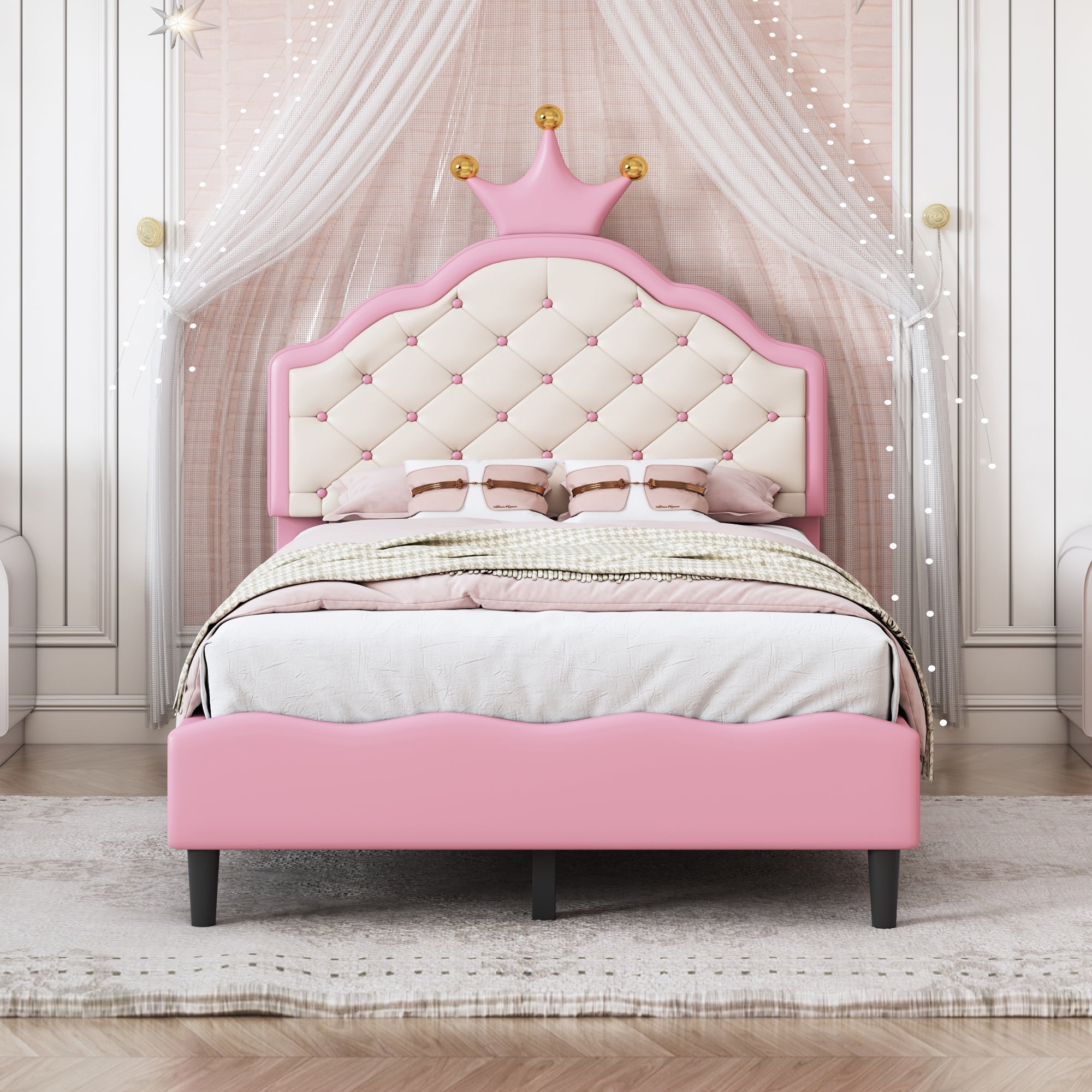 Bellemave Twin Size PU Leather Upholstered Bed with Crown Shaped ...