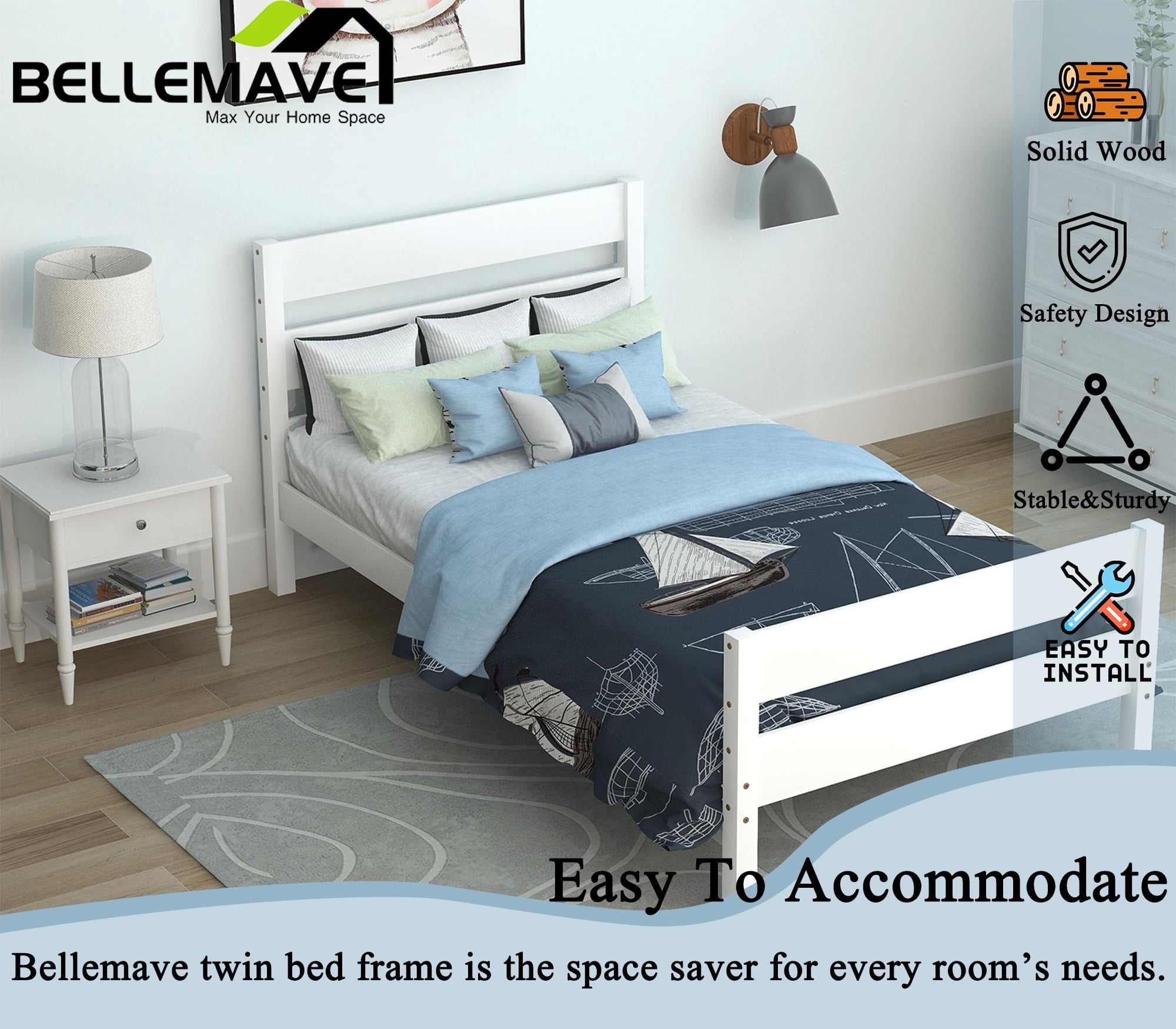 Bellemave Twin Size Pine-Wood Bed Frame With Classic Headboard and ...