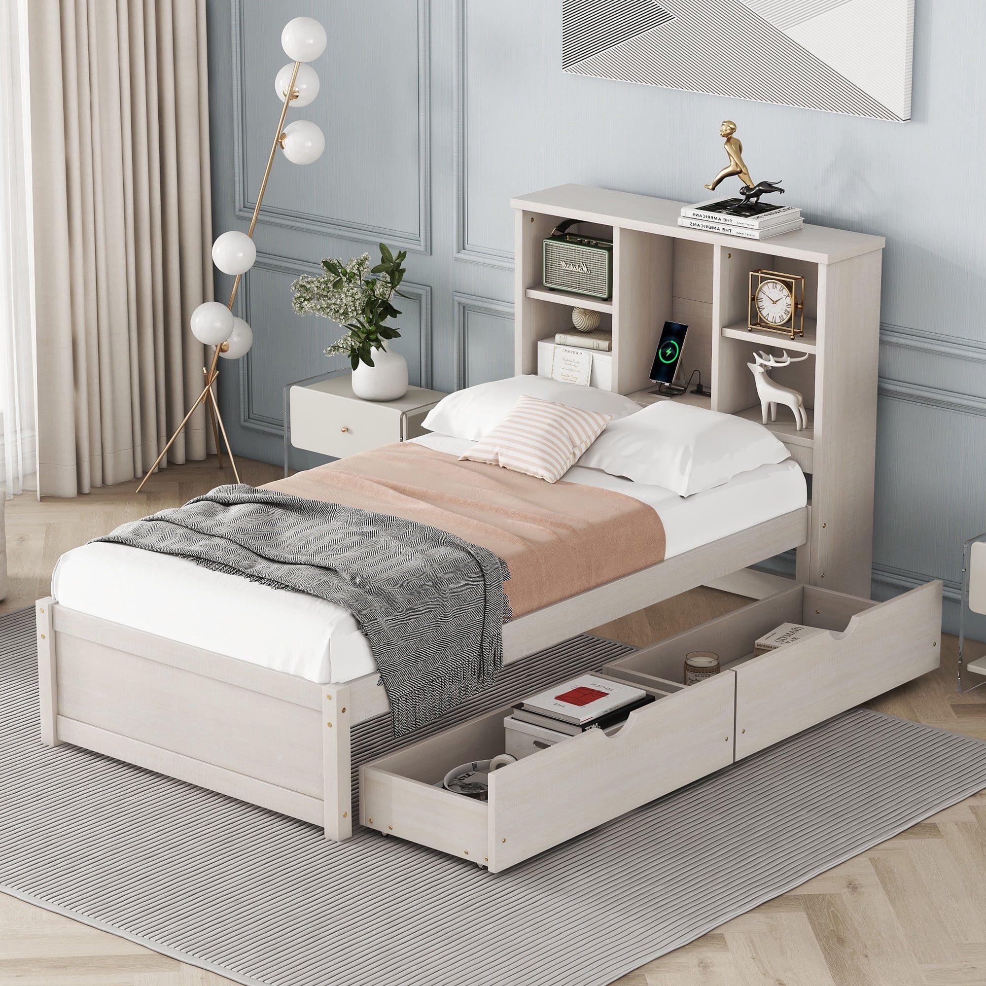 Bellemave Twin Size Platform Bed with Drawers And Bookcases Headboard ...