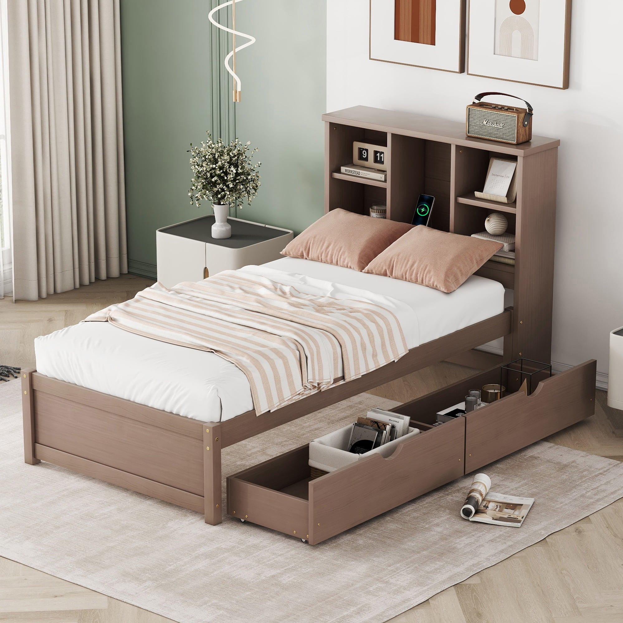 Bellemave Twin Size Platform Bed with Drawers And Bookcases Headboard ...
