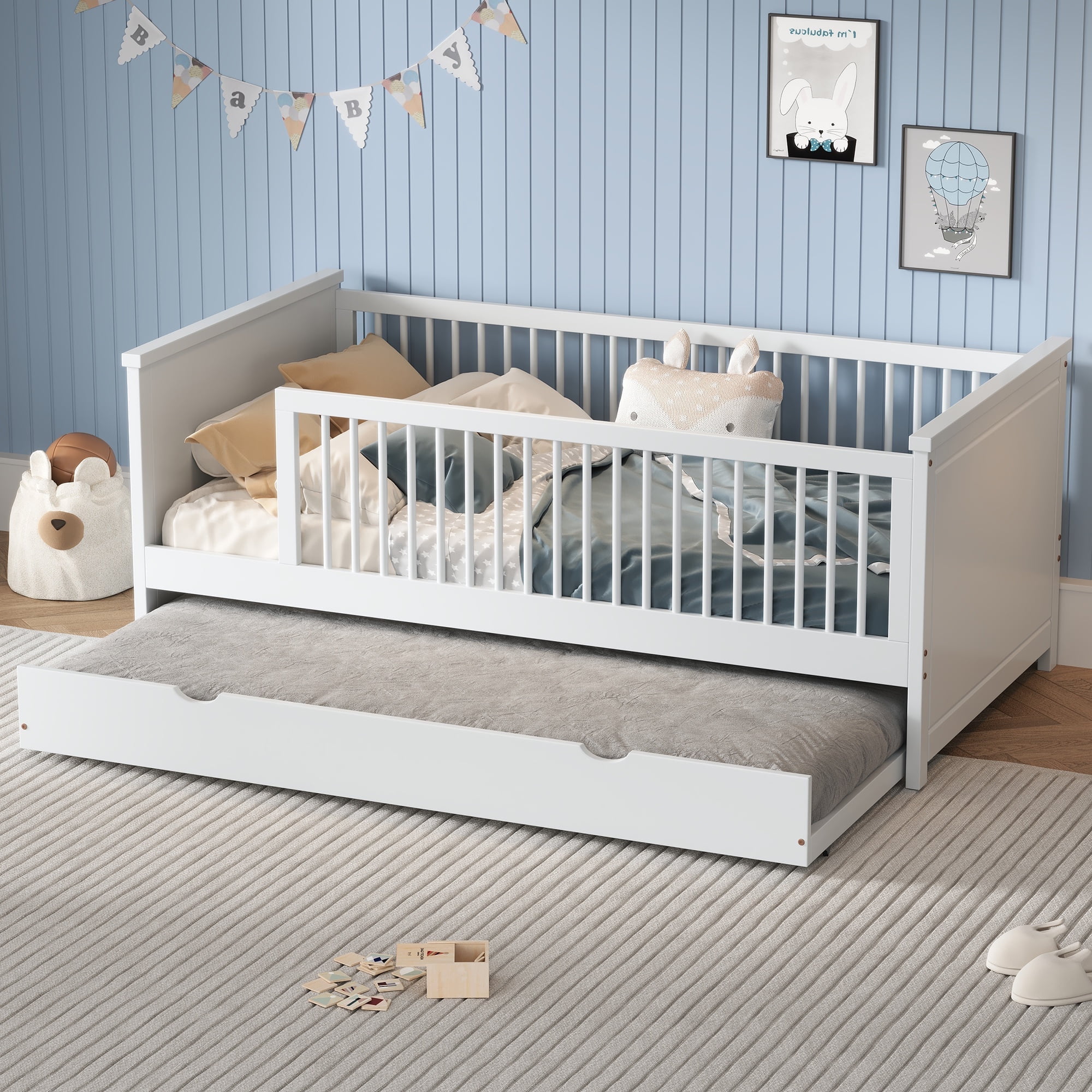 Bellemave Twin Size Platform Bed with Guardrails and Trundle Sturdy ...