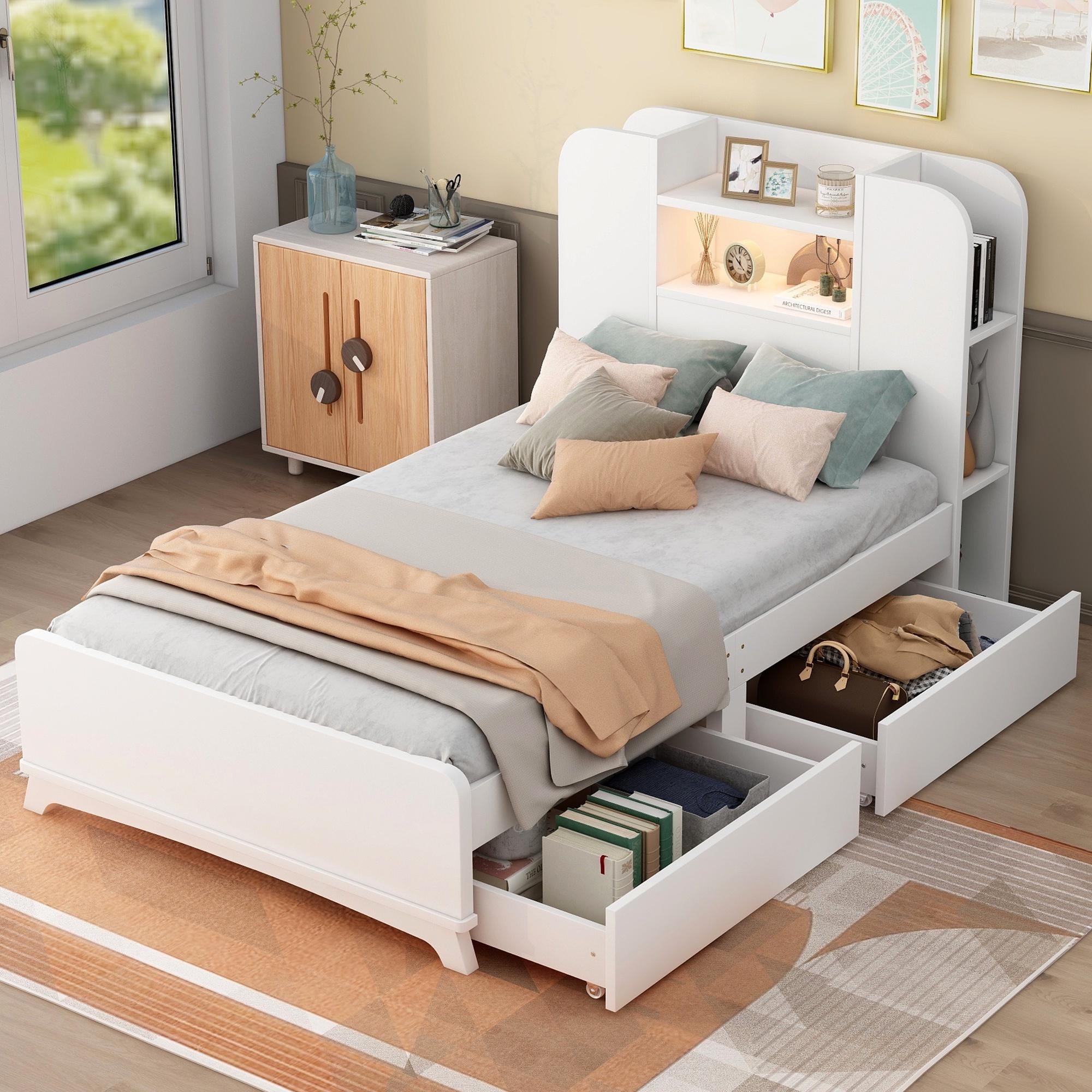 Bellemave Twin Size Storage Platform Bed with Bookshelf Headboard ...