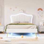 Homfa LED Bed Frame, Full Size Bed for Kids Girls, Velvet Upholstered ...