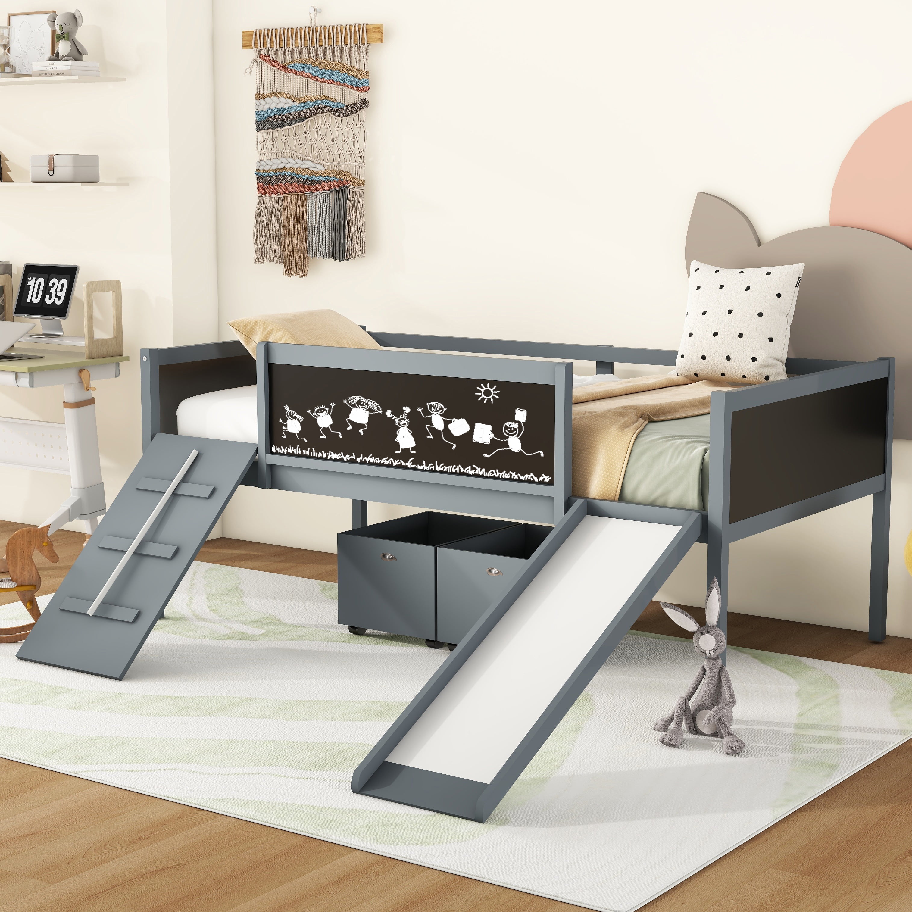 Bellemave Junior Twin Wooden Low Loft Bed with Slide, Climbing Frame ...
