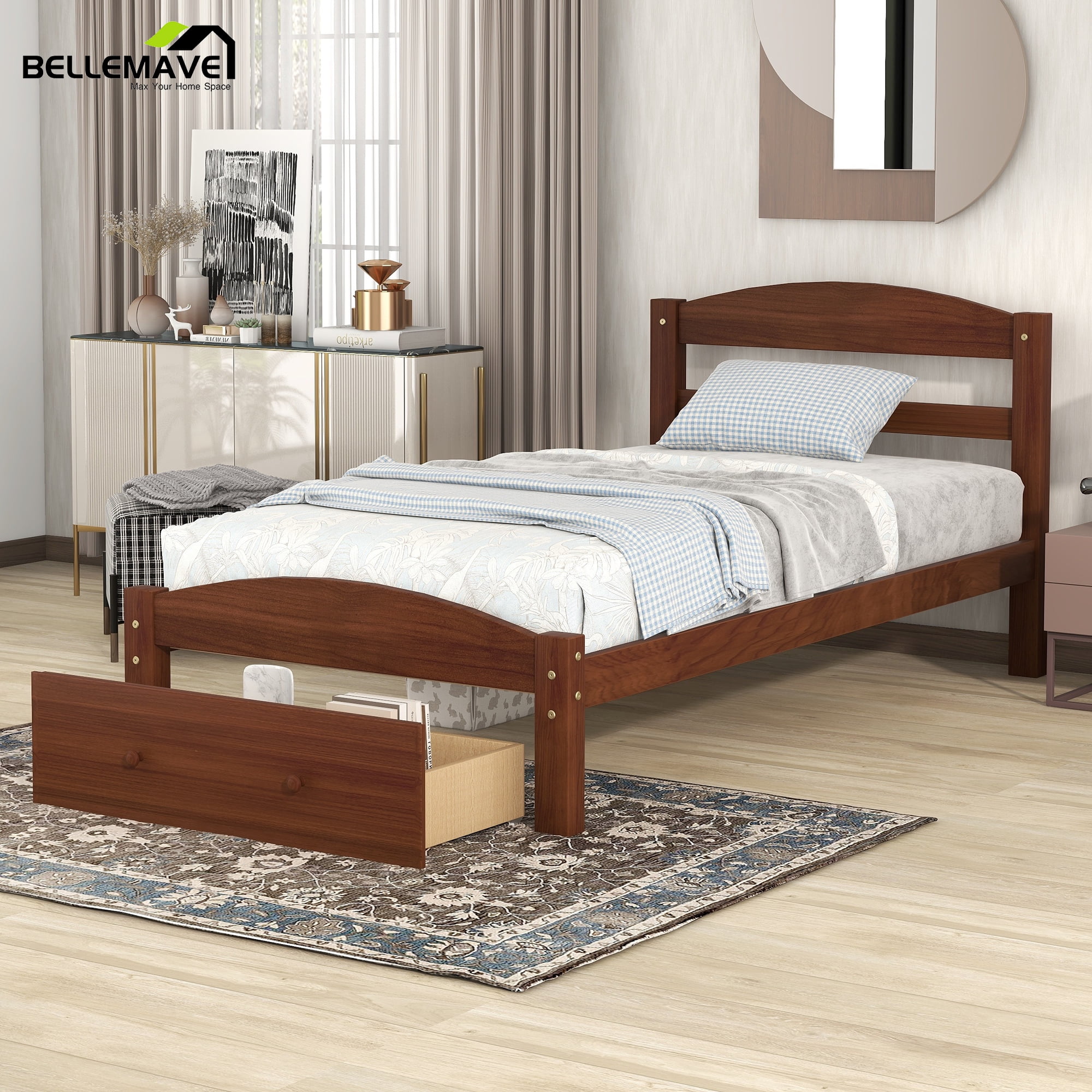 Bellemave Twin Solid Wood Bed Frame with Storage Drawer Kids Platform Bed Frame for Girls Boys No Box Spring Needed Bronze Twin