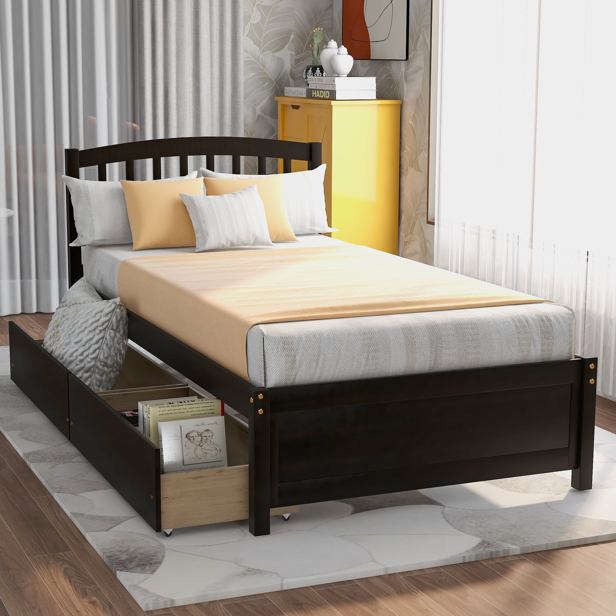 Bellemave Twin Wood Bed Frame with Two Drawers and Headboard, For ...