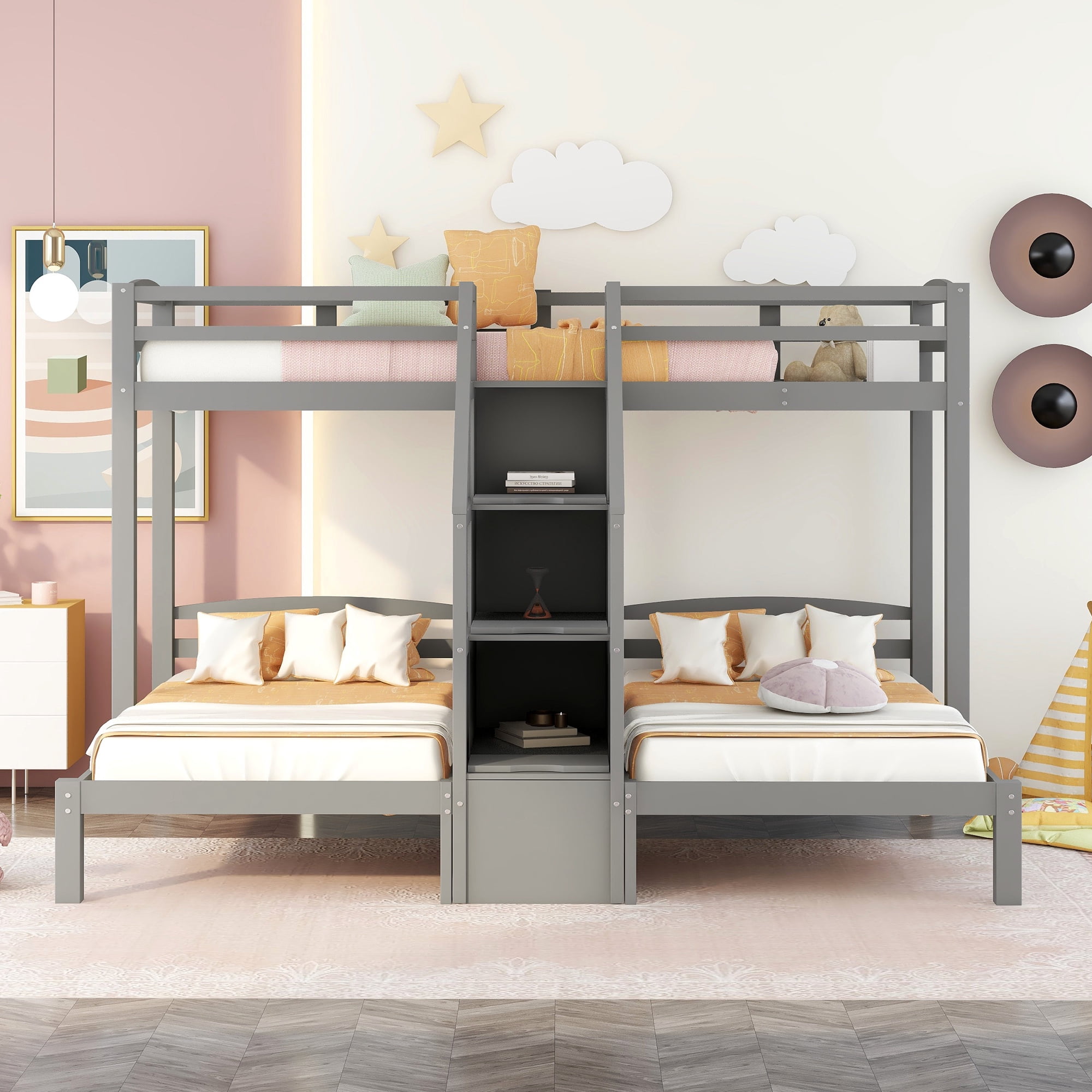 Bellemave Twin Triple Bunk Bed with Storage Stairs, Wood Twin over Twin ...