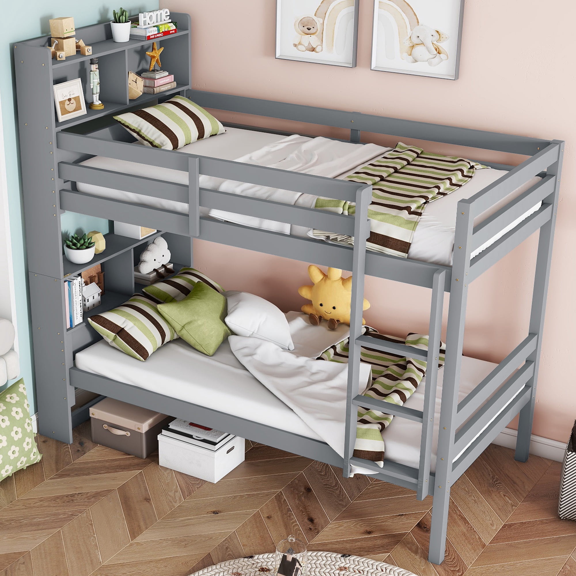 Bellemave Twin over Twin Bunk Bed with Bookcase Headboard Convertible ...