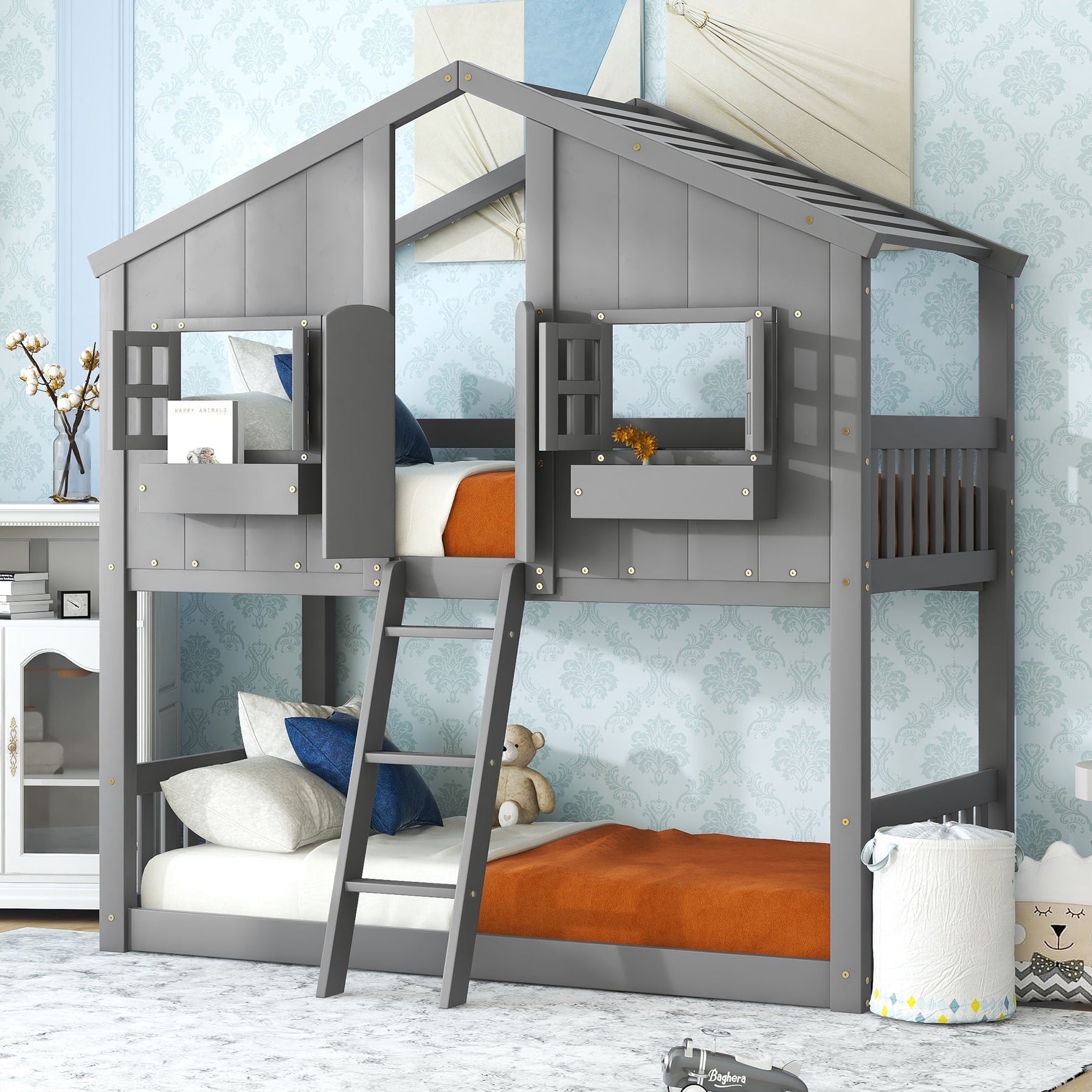 Bellemave Twin over Twin House Bunk Bed with Roof and Door Twin Low ...