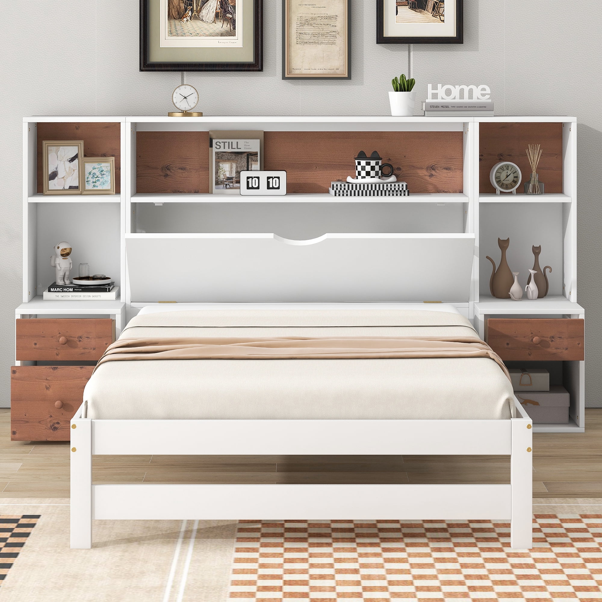 Bellemave Twin White Platform Bed with Storage, Built-in Nightstand, No ...