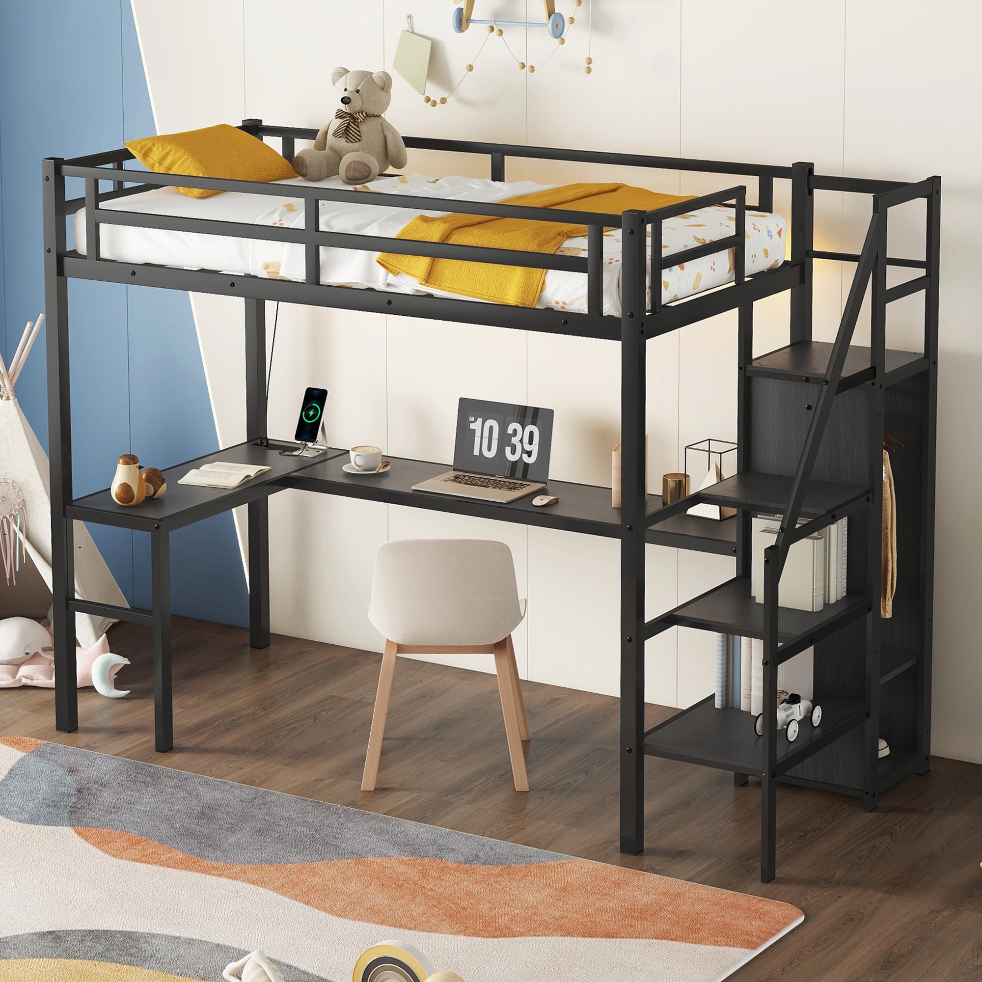 Bellemave Twin XL Loft Bed with Desk, Storage, Wardrobe, Charging ...