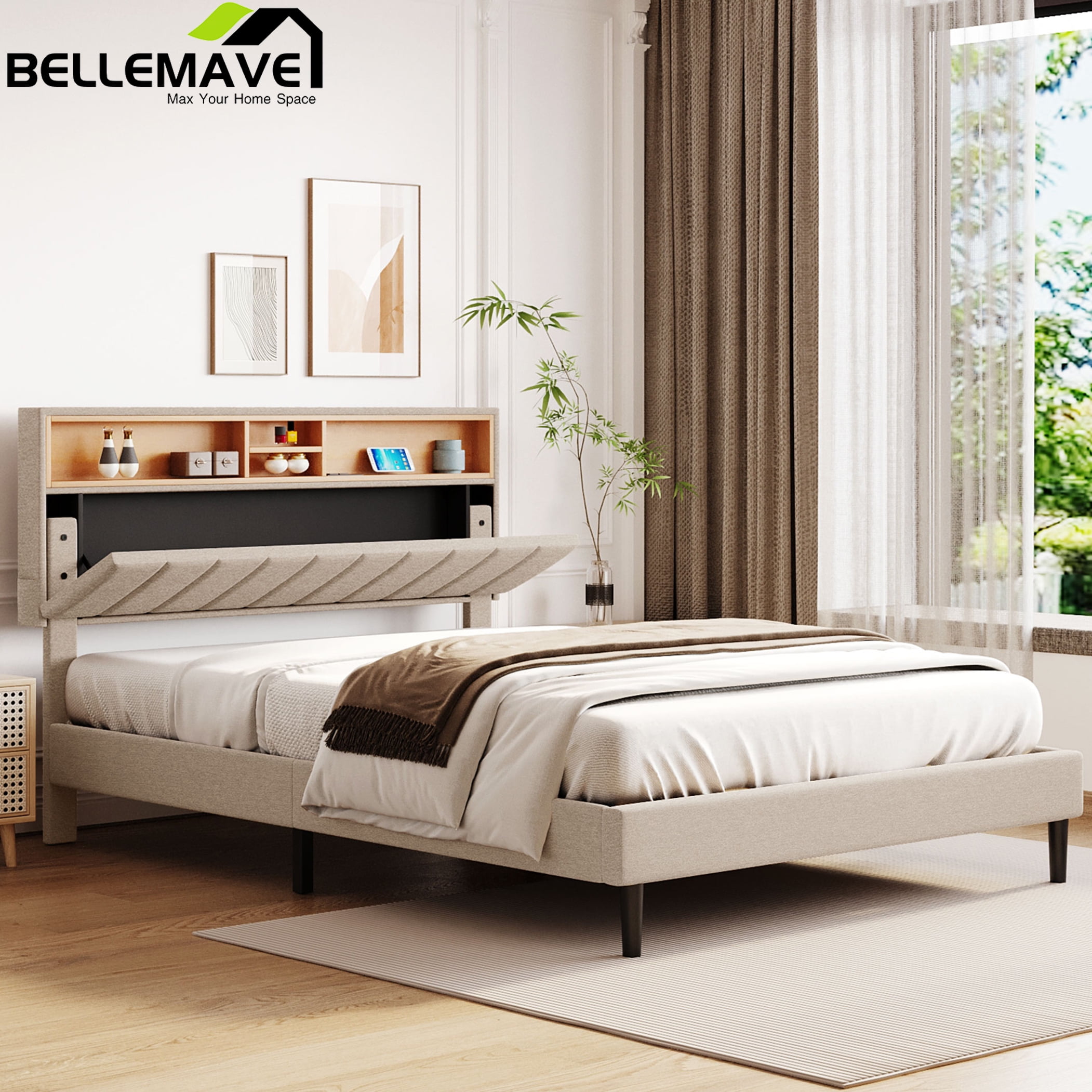 Bellemave Upholstered Queen Bed with Charging Ports, Storage Headboard ...