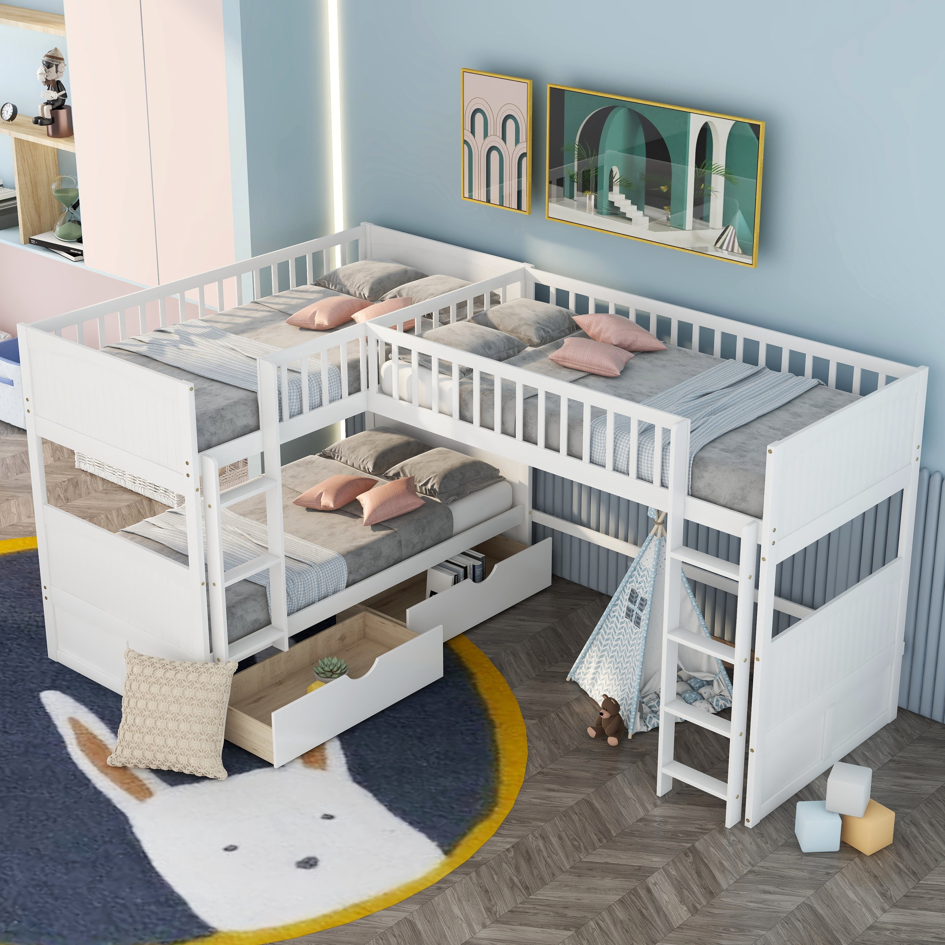 Bellemave White Triple Twin Bunk Bed with Drawers, L-shaped Loft Bed ...