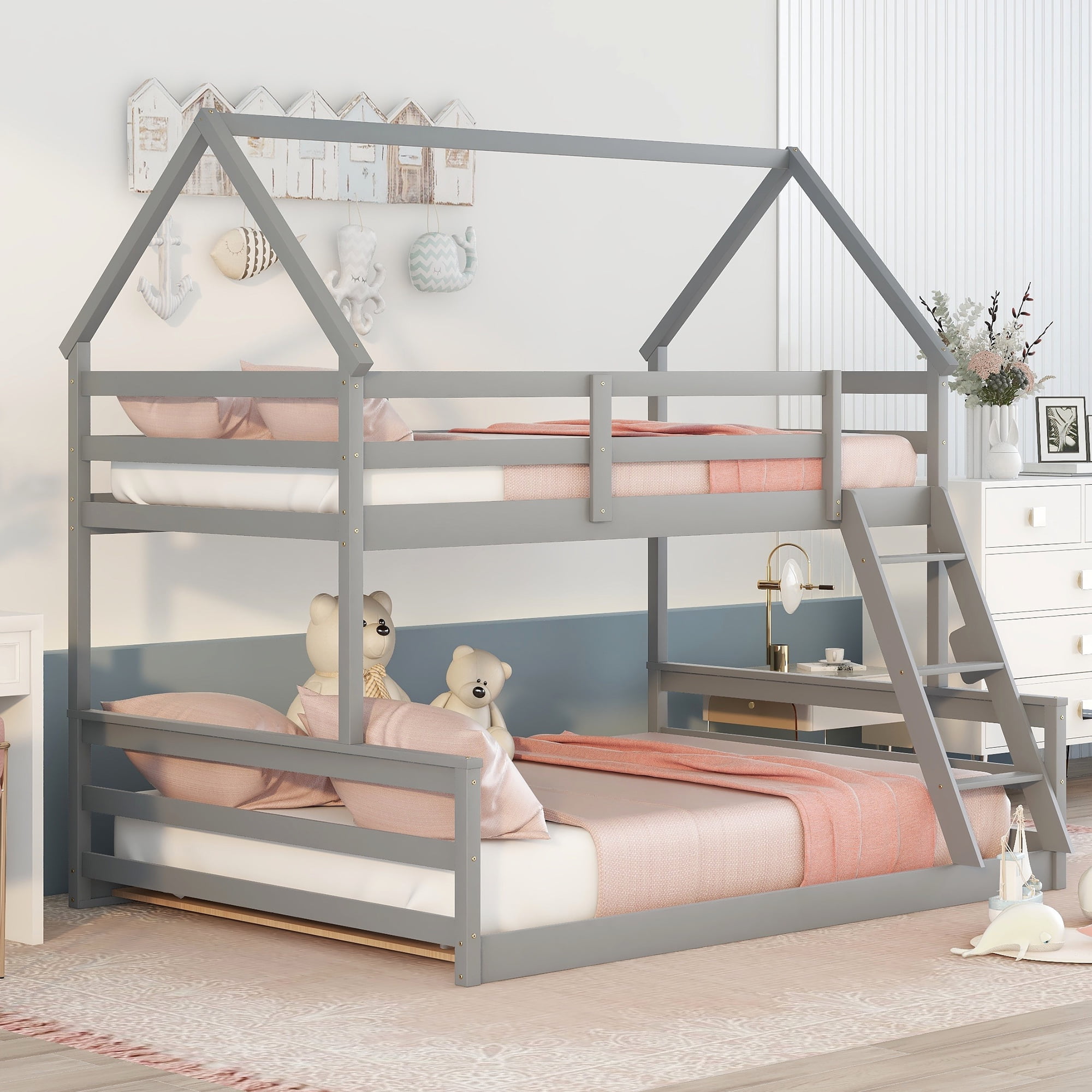 Bellemave Wood House Bunk Bed with Ladder, Low Twin over Full Bunk Bed ...