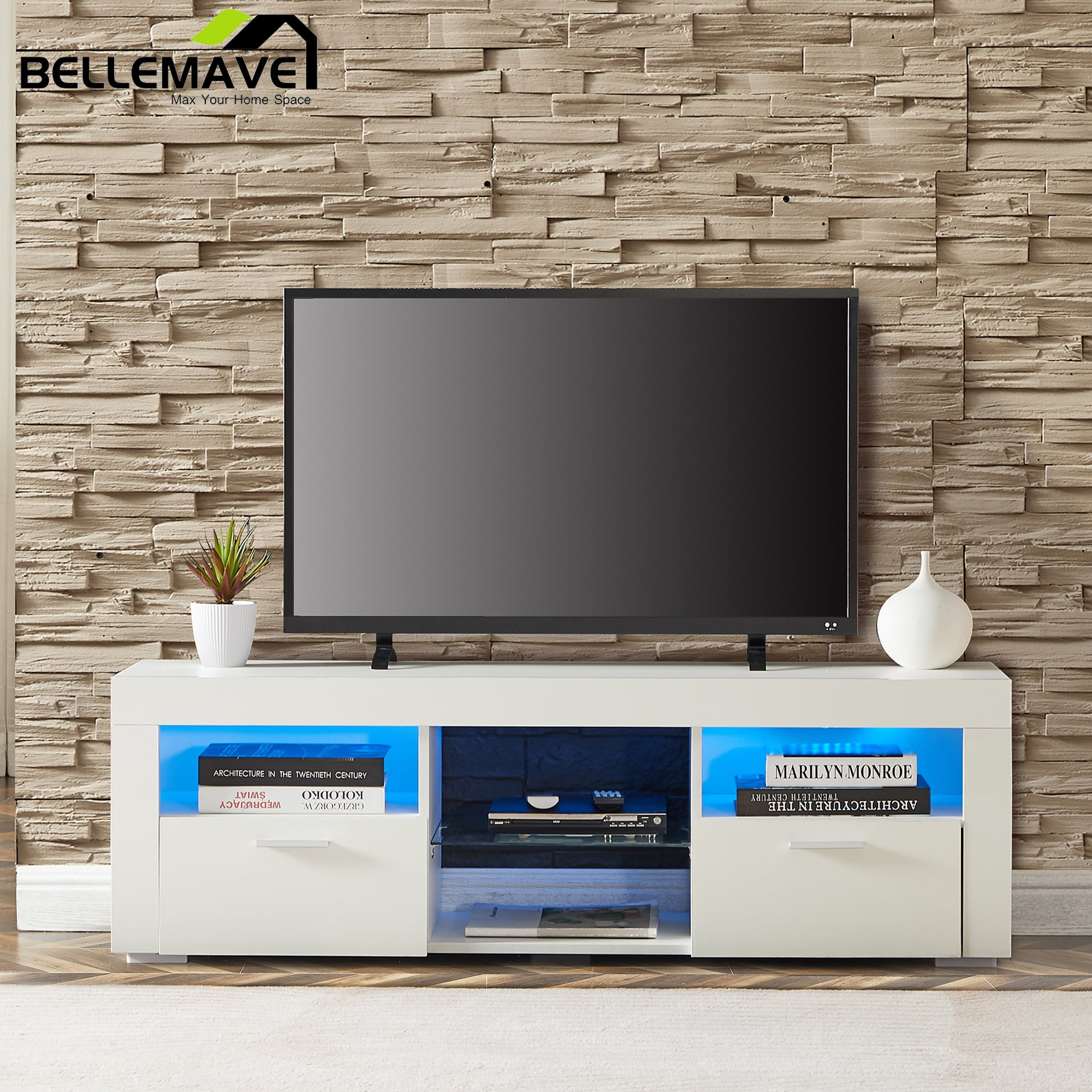 Bellemave Modern Wood TV Stand for 55 Inch with LED Lights, Storage, 2 ...