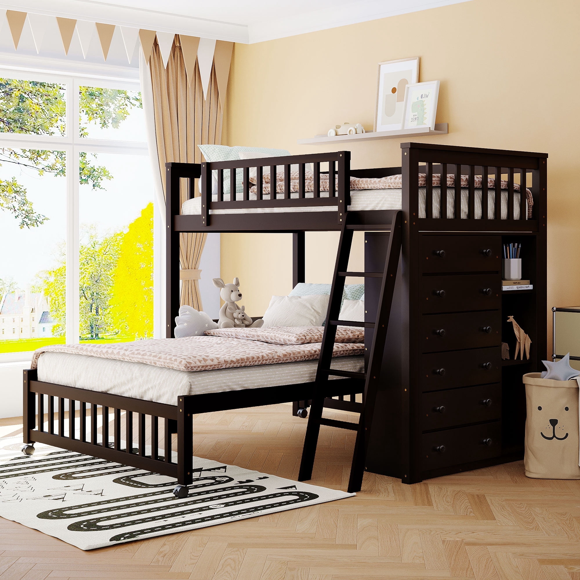 Bellemave L-Shaped Twin over Full Wood Bunk Bed with Movable Bottom ...