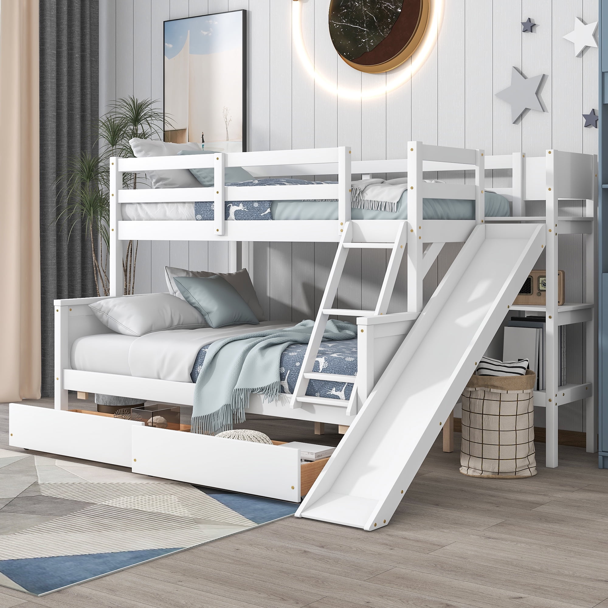 Bellemave Wooden Twin-Full Bunk Bed with Storage, Slide, Shelves ...