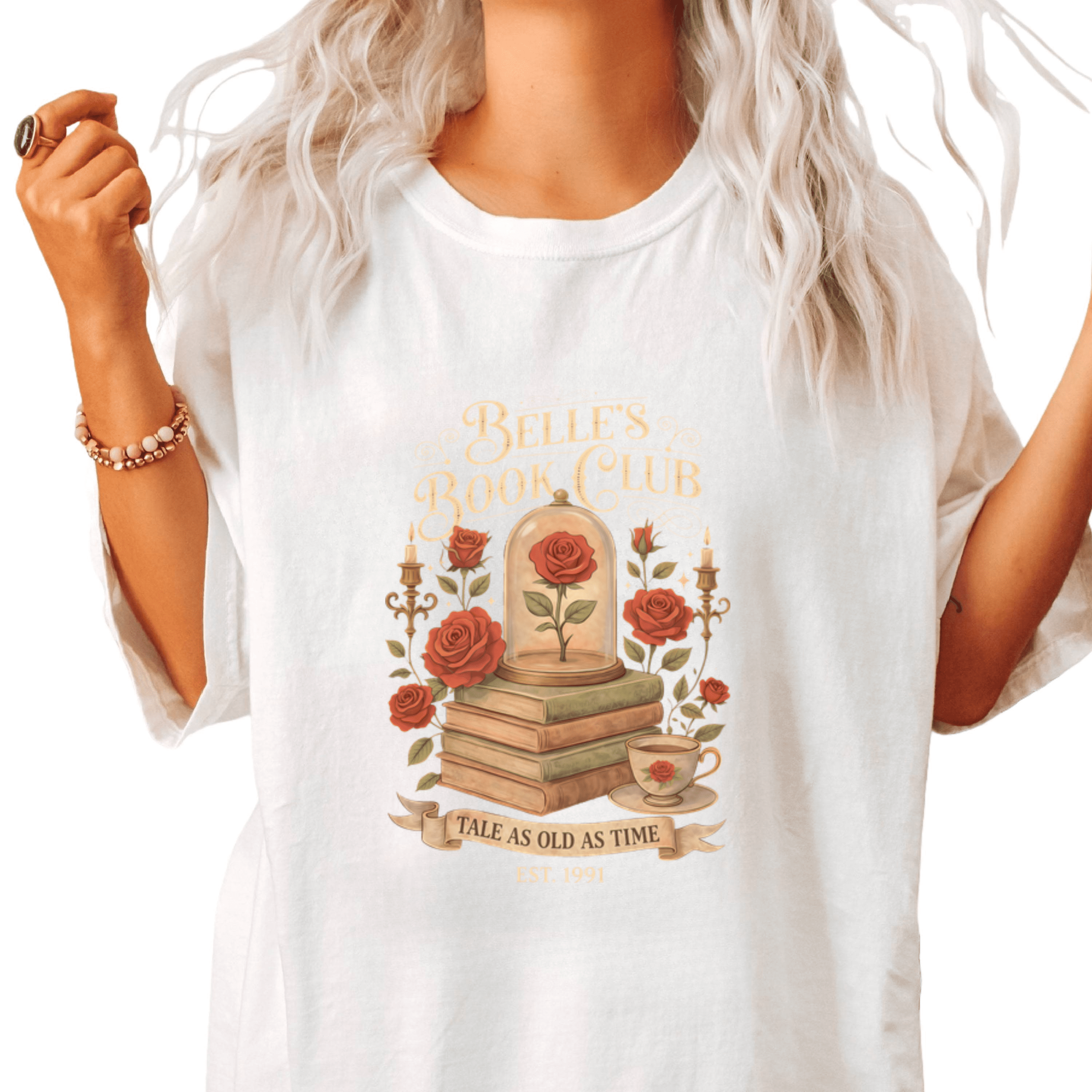 Belles Book Club Enchanted Rose Print Tshirt White S-5XL Nostalgic ...