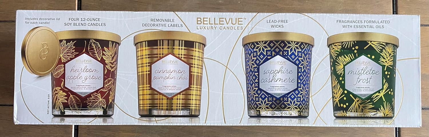 Bellevue Luxury Candles, 4 Soy Blend 12 oz Candles, Essential Oil Fragrances, Decorative Lids ...