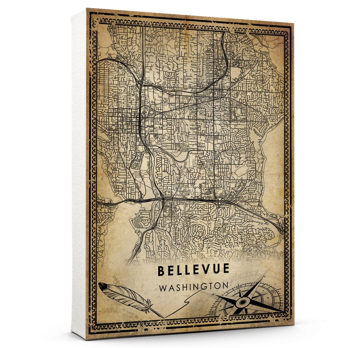 Bellevue Vintage Map Prints Canvas, Washington Map Art Canvas, Canvas ...