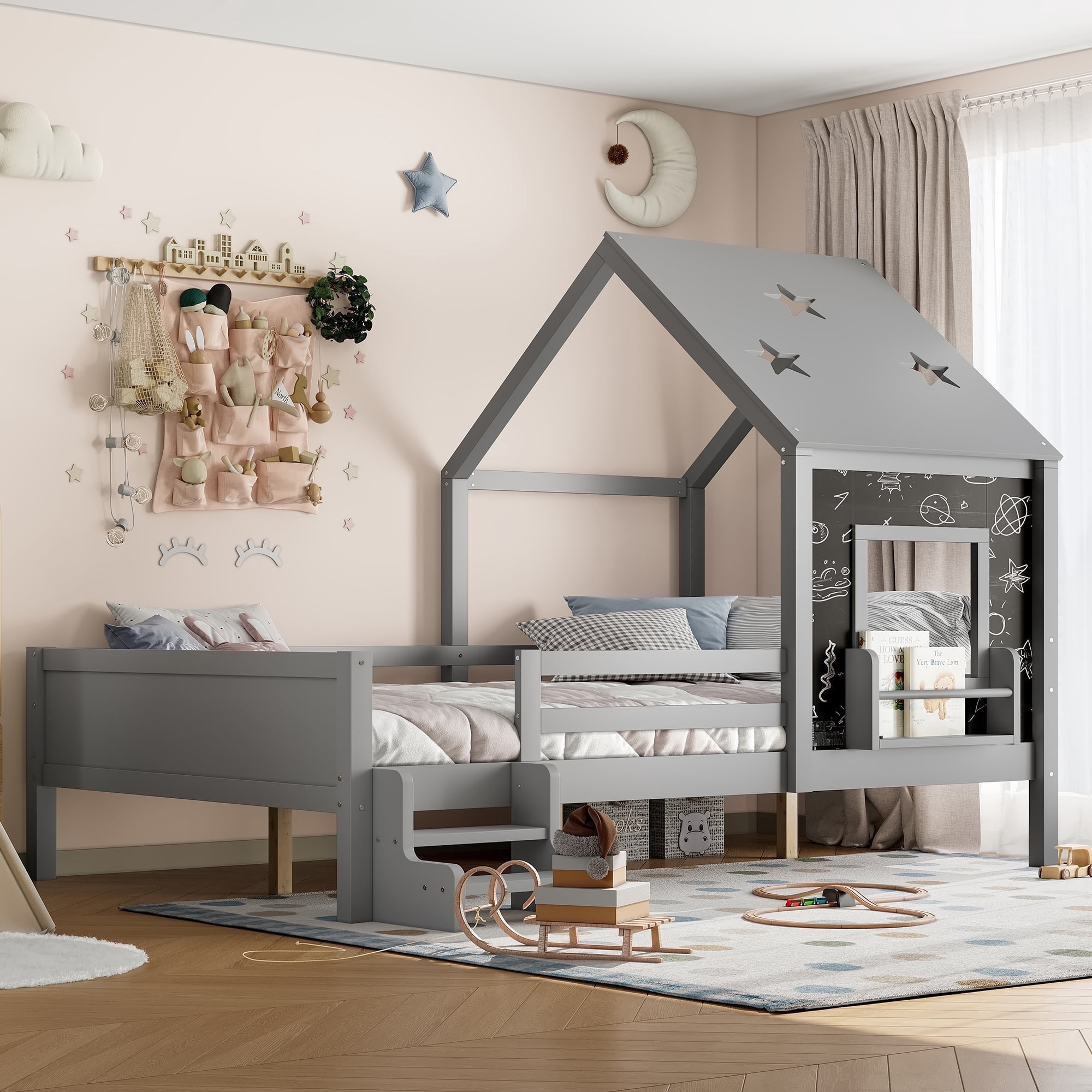 Bellemave Full House Platform Bed with Low-Profile Stairs, Solid Wood ...