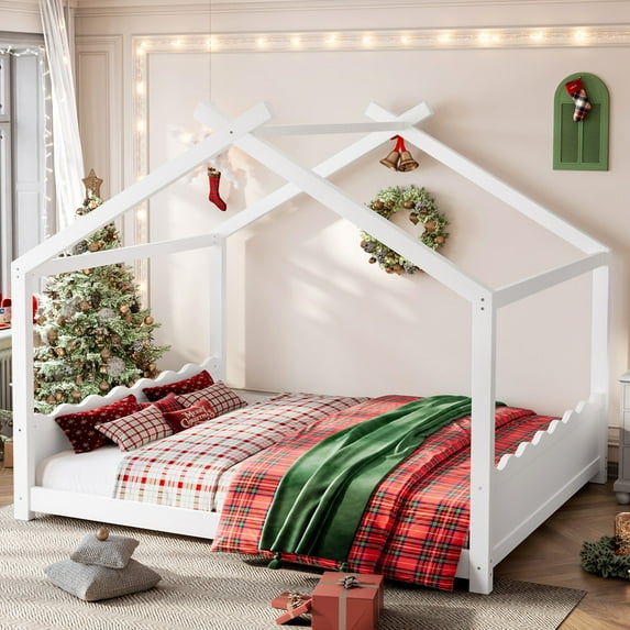 Bellewave Queen House Floor Bed with Support Slats, Solid Wood Bed ...