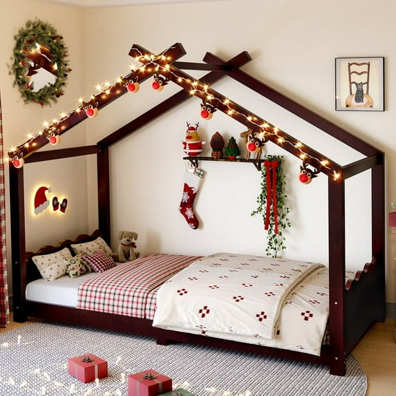 Bellewave Twin House Floor Bed with Support Slats, Solid Wood Bed Frame ...