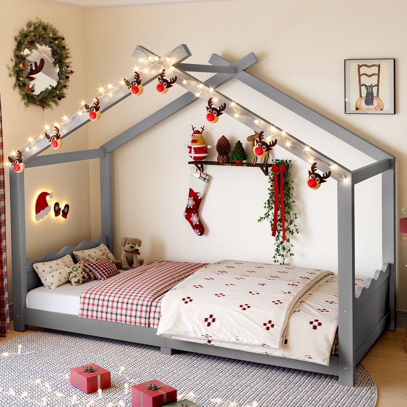 Bellewave Twin House Floor Bed with Support Slats, Solid Wood Bed Frame ...