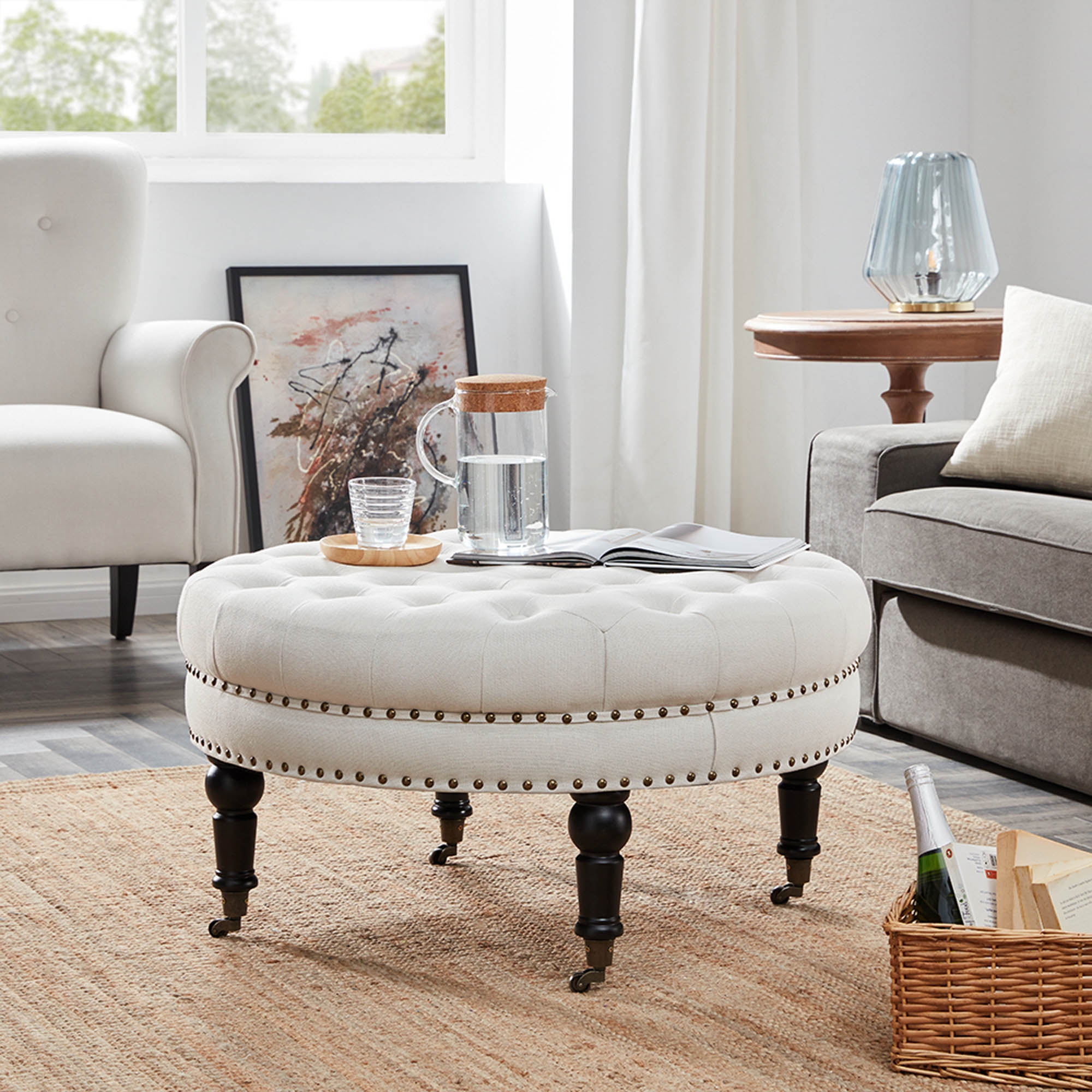 Belleze Beige Linen 33-inch Tufted Round Accent Ottoman Foot Stool ...