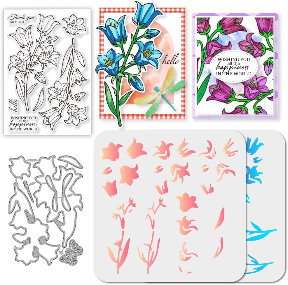 Bellflower Clear Stamp Butterfly Dragonfly Cutting Die Flower PET Paint ...