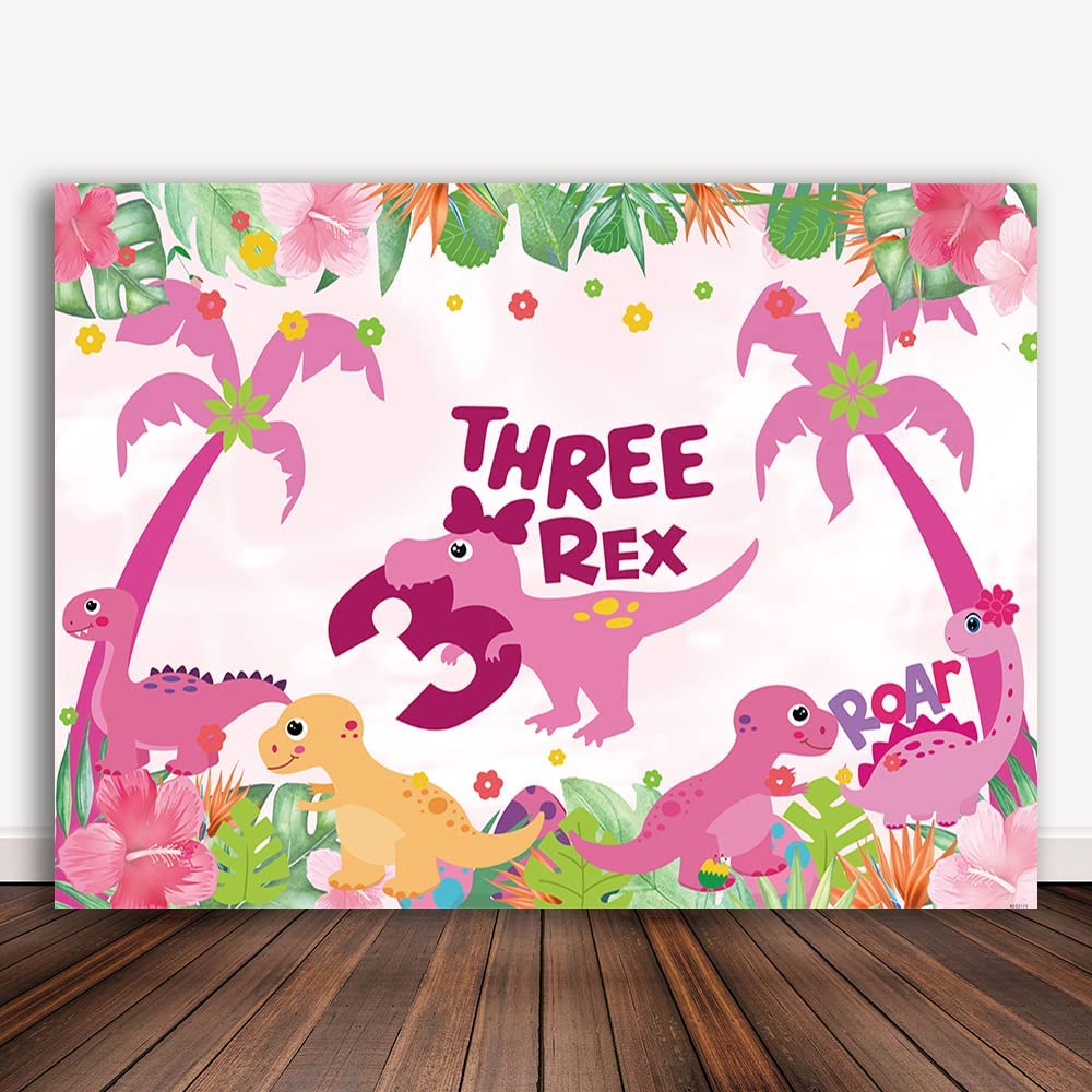 Bellimas Three Rex Birthday Backdrop Pink Dinosaur Girls 3rd Party ...